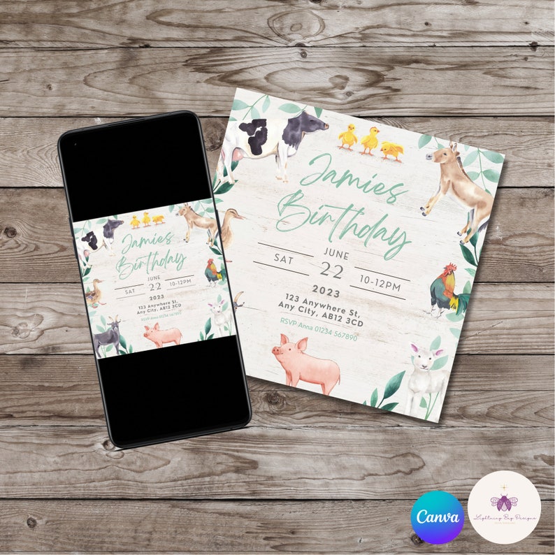 Farm Animal Birthday Invitation, Editable Canva Template (digital ...