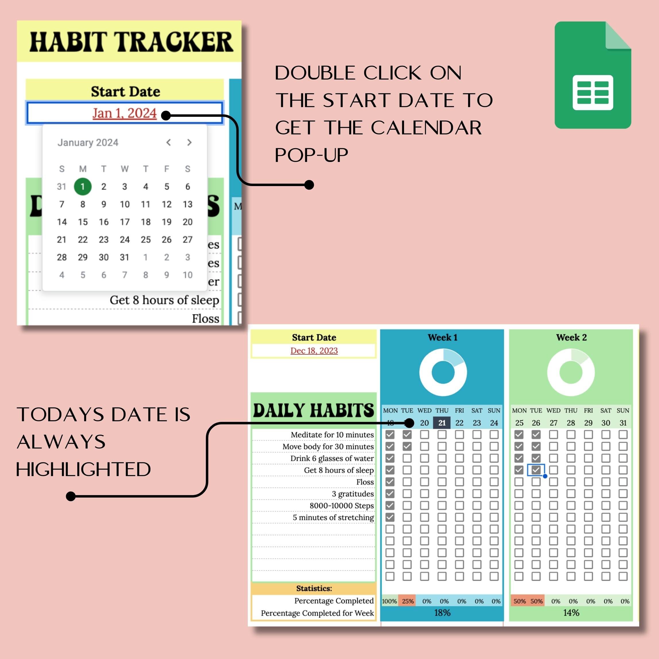 Habit Tracker Google Sheet, Printable Journal, Google Spreadsheet ...