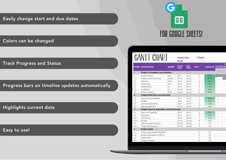 Gantt Chart Template Google Sheets, Project Management Tool, Task ...