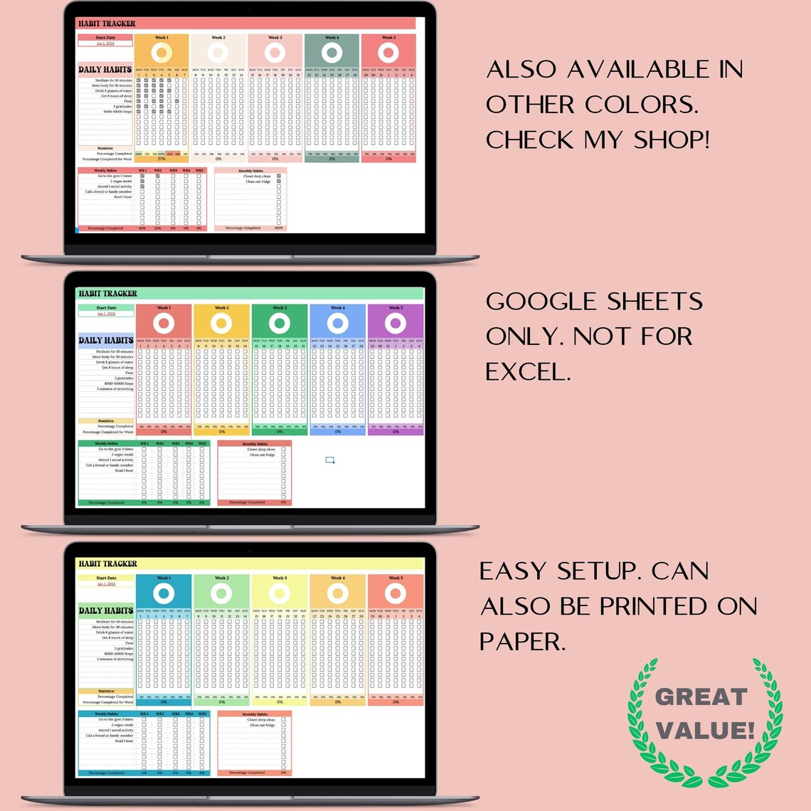 Habit Tracker Google Sheet, Printable Journal, Google Checklist ...
