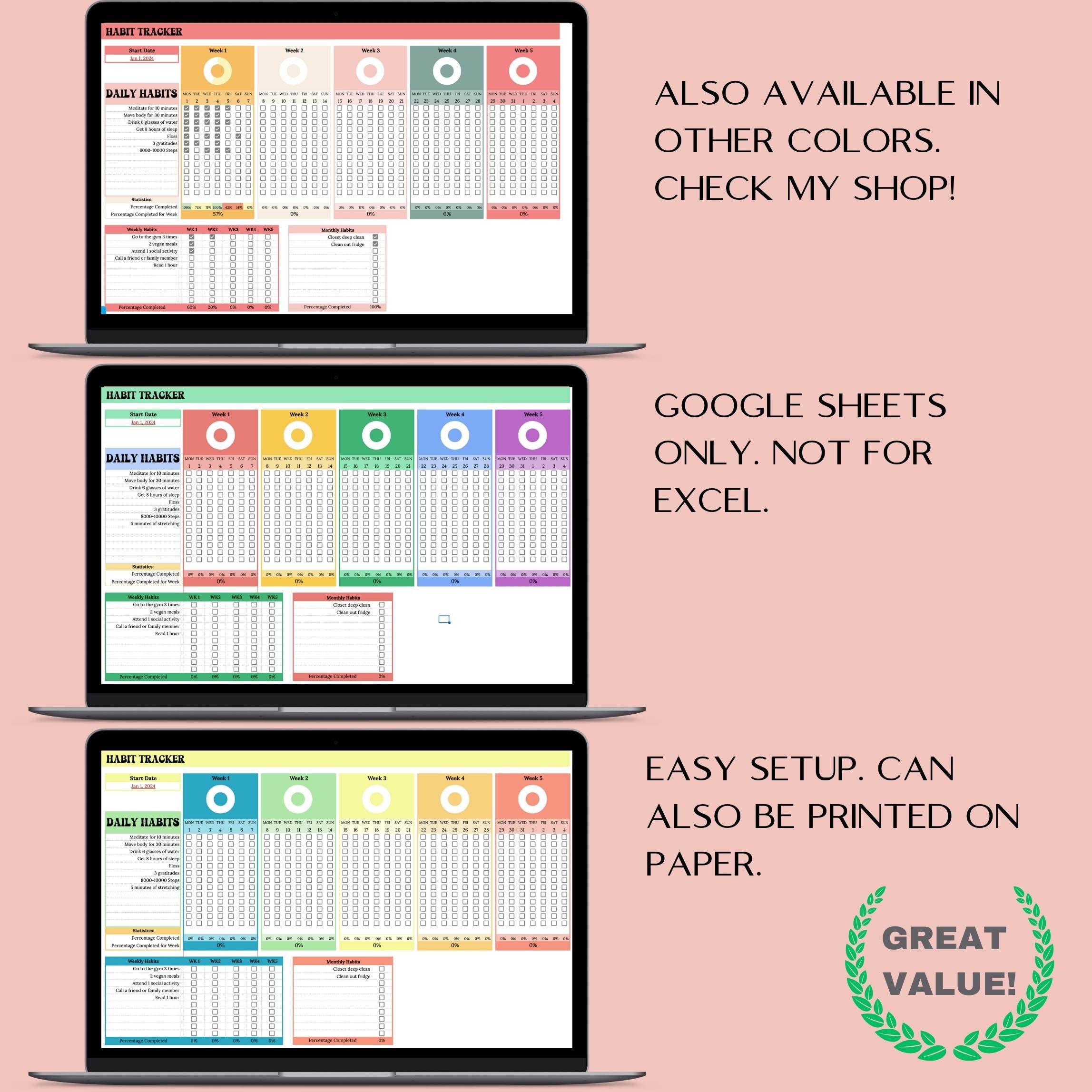 Habit Tracker Google Sheet, Printable Journal, Google Checklist ...