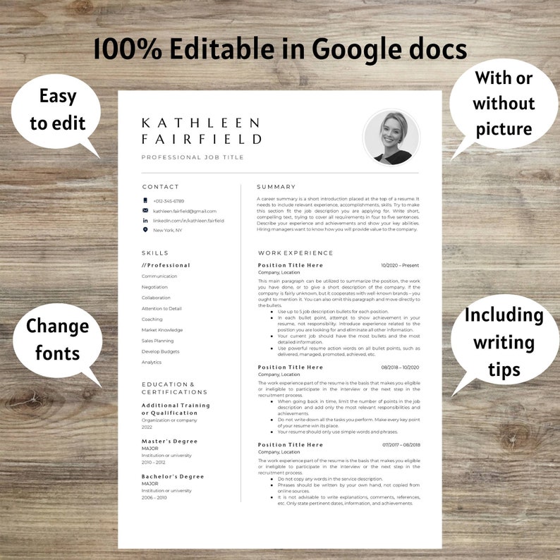 Resume Template Google Docs, Clean Simple Resume With Photo, ATS ...