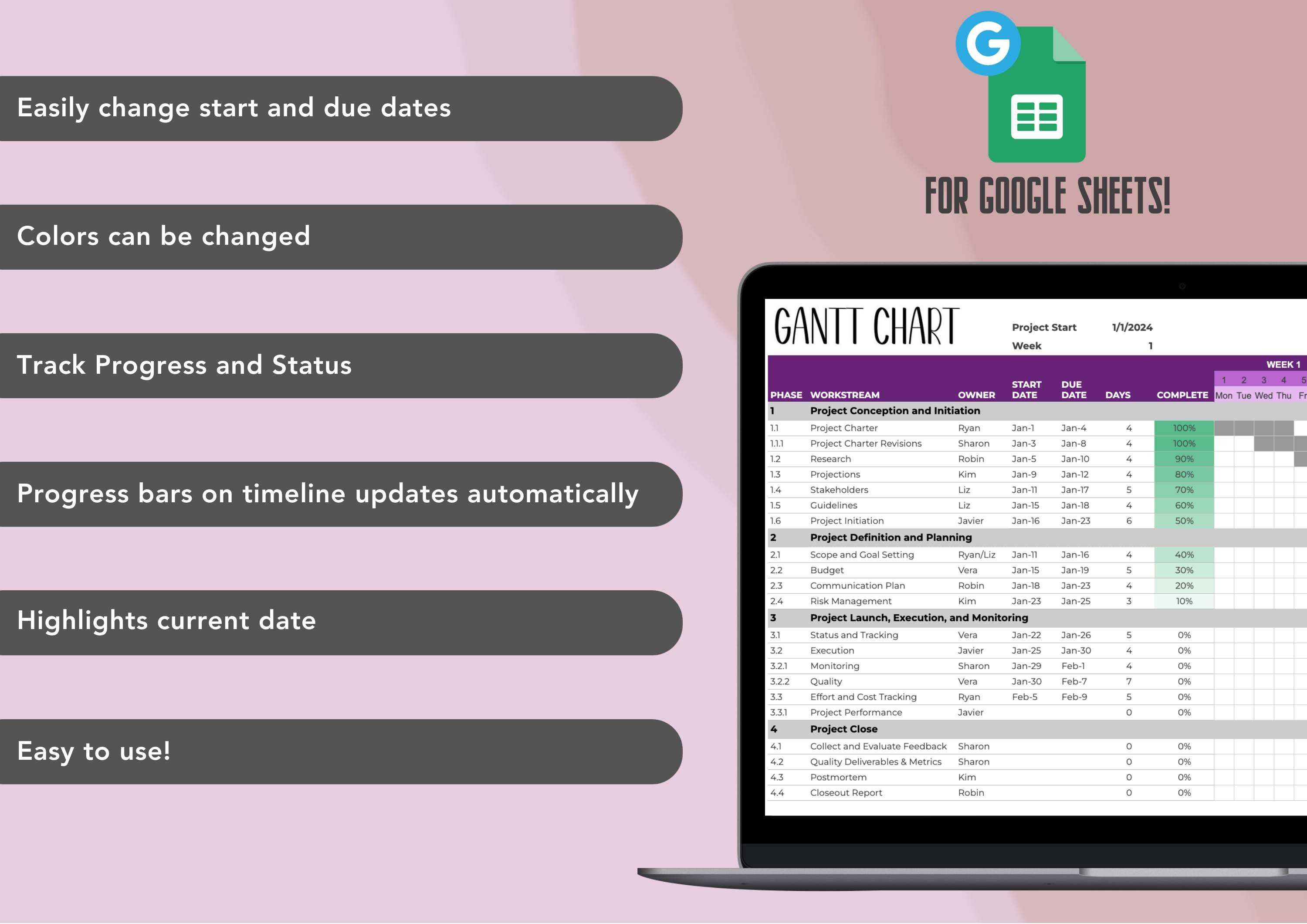 Gantt Chart Template Google Sheets, Project Management Tool, Task ...