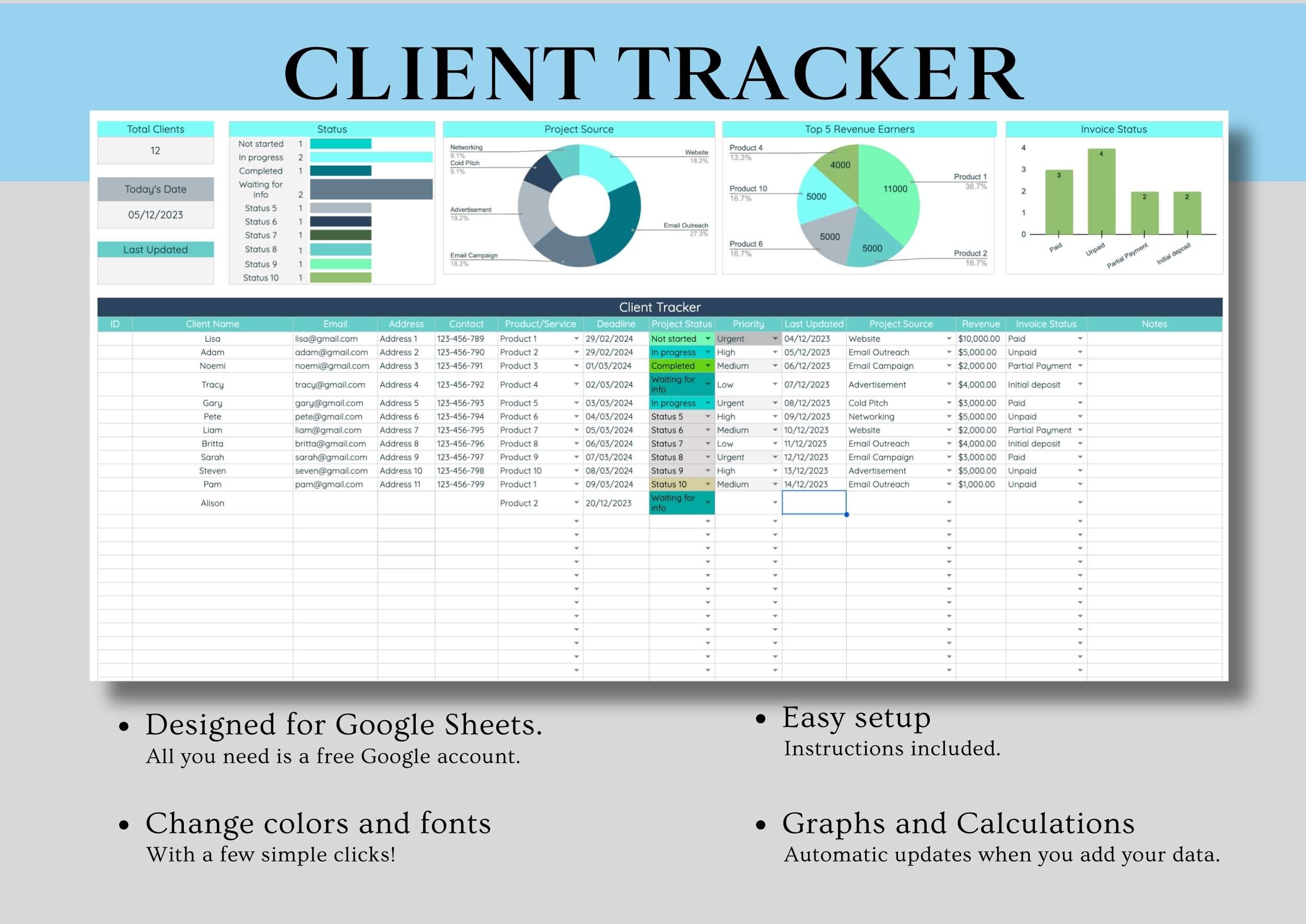 Client Tracker Spreadsheet, Client Management CRM, Google Sheets Client ...