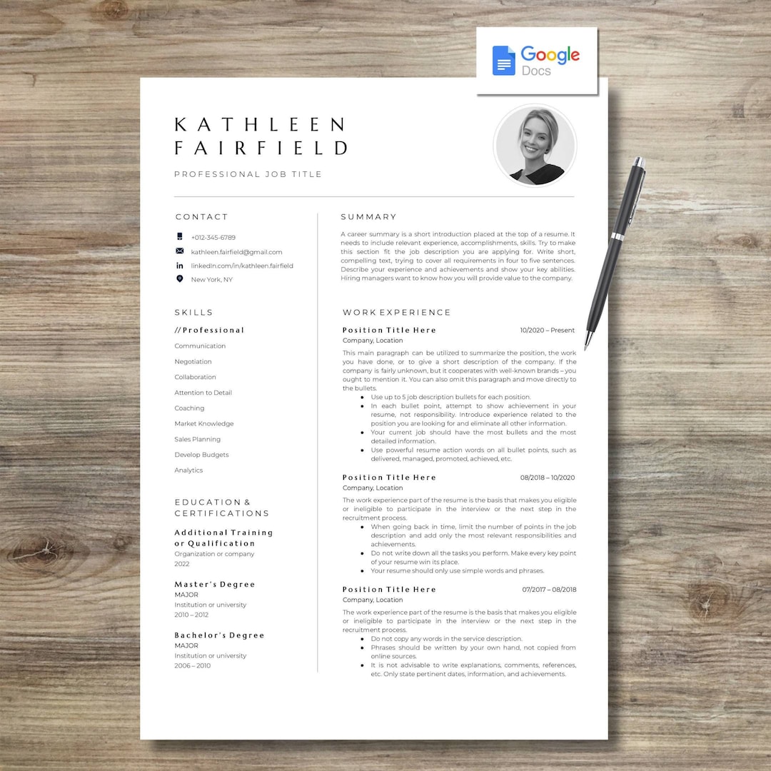 Resume Template Google Docs, Clean Simple Resume With Photo, ATS ...