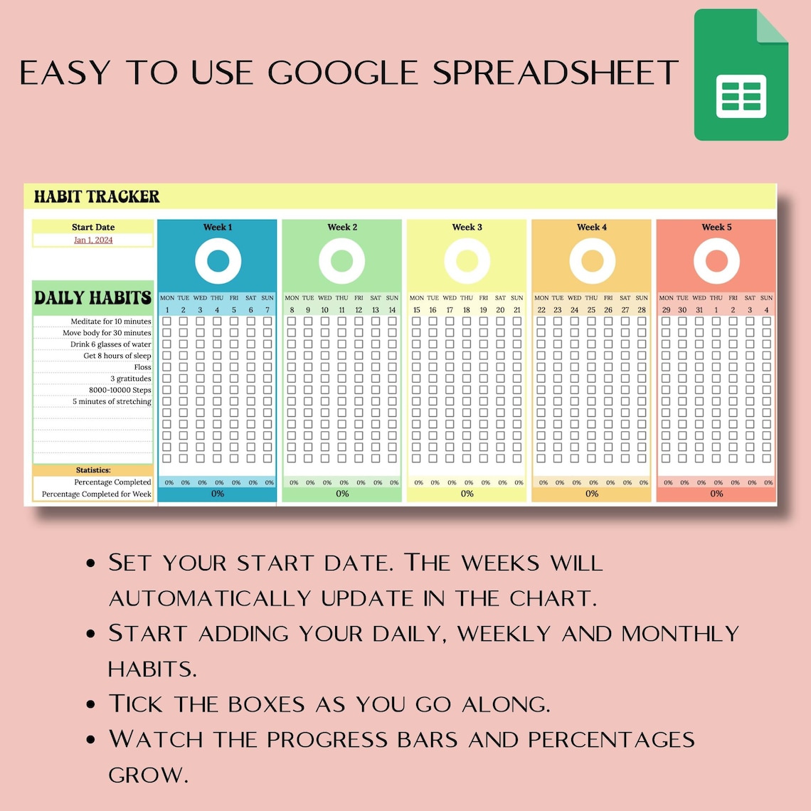 Habit Tracker Google Sheet, Printable Journal, Google Spreadsheet ...
