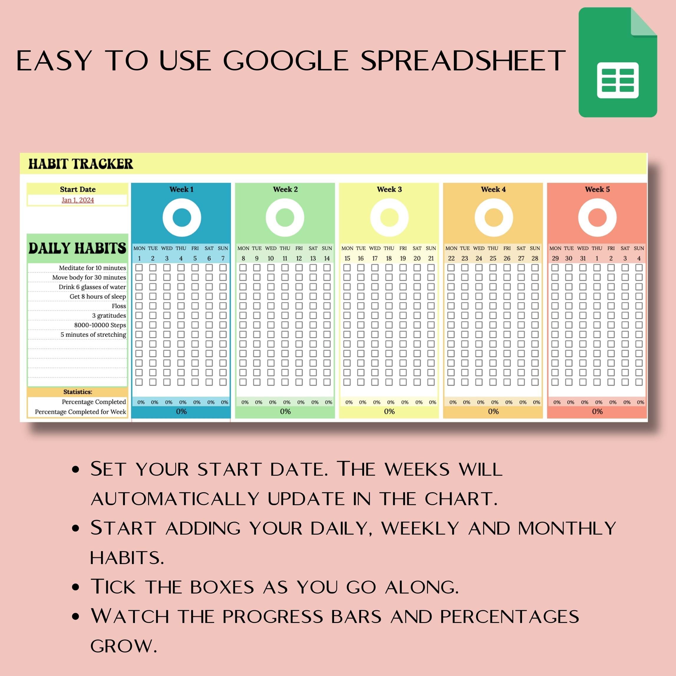 Habit Tracker Google Sheet, Printable Journal, Google Spreadsheet ...