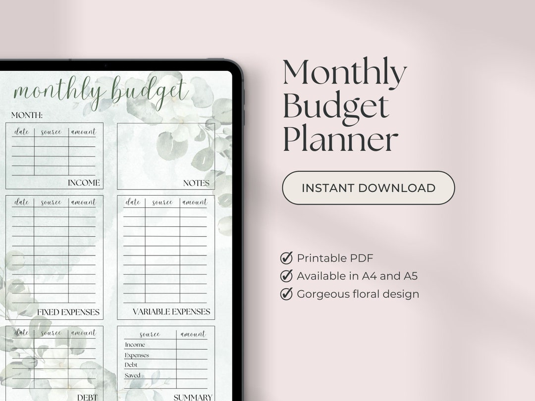 Floral Monthly Budget Planner Printable, A4/A5, Instant Download PDF - Etsy