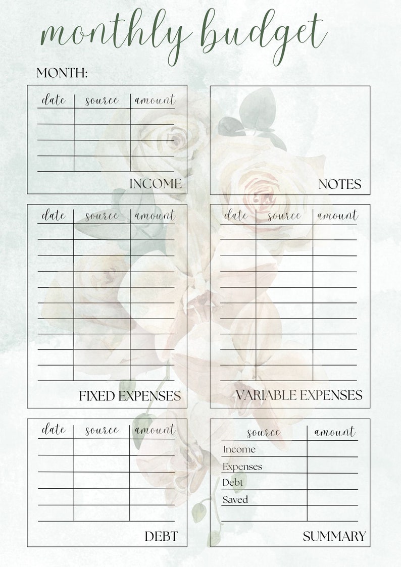 Floral Monthly Budget Planner Printable, A4/A5, Instant Download PDF - Etsy
