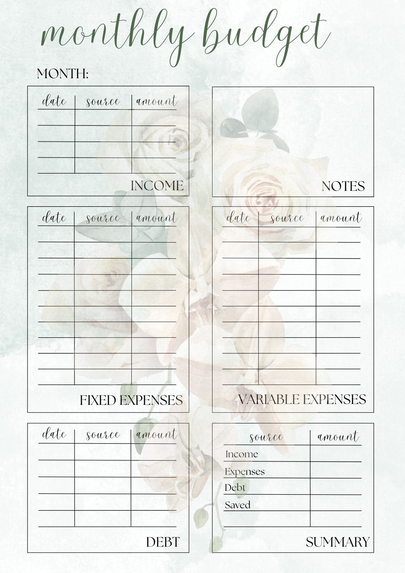 Floral Monthly Budget Planner Printable, A4/A5, Instant Download PDF - Etsy