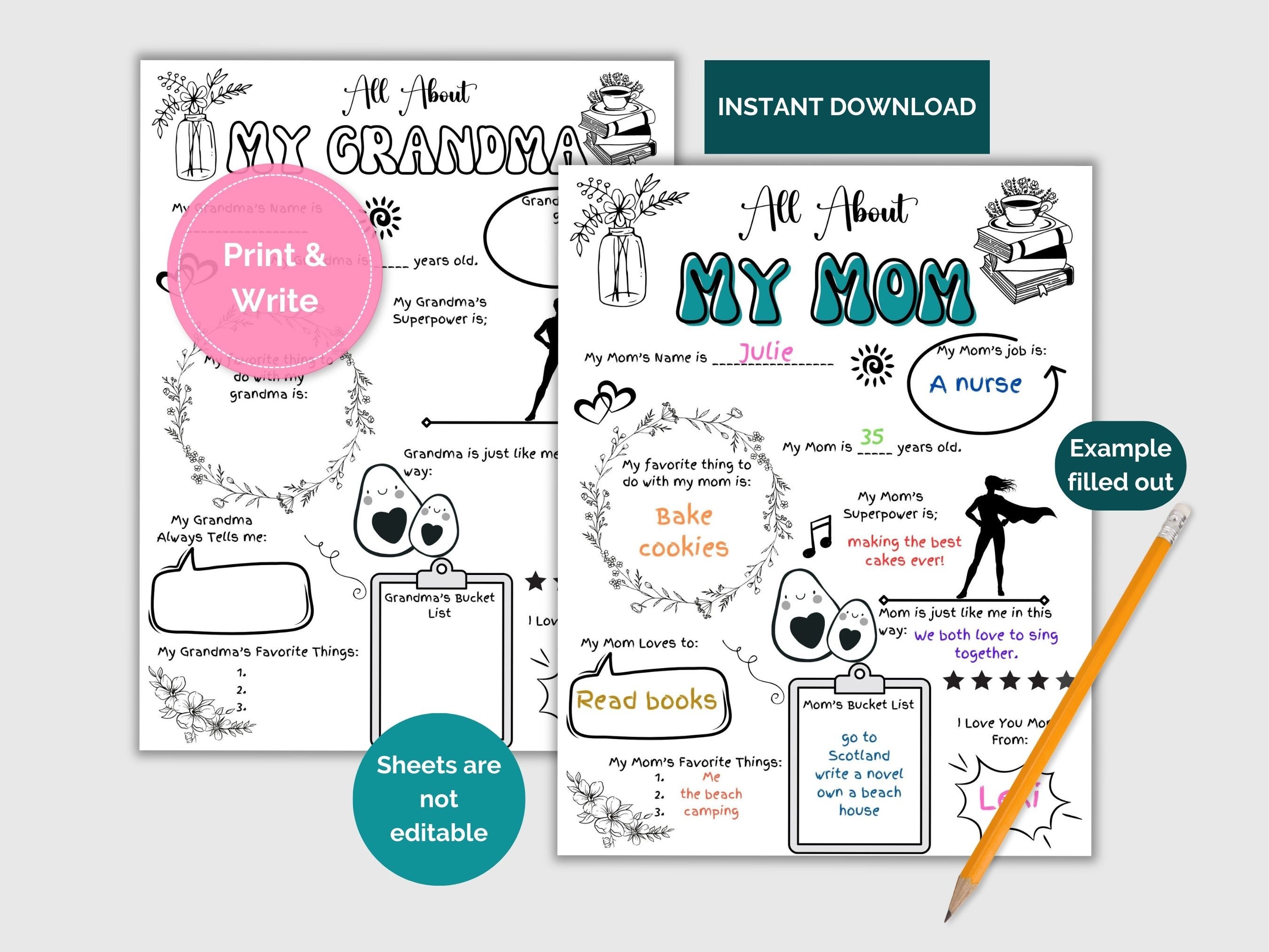 All About My Mom or Grandma Questions, Mother's Day Kids Interview ...