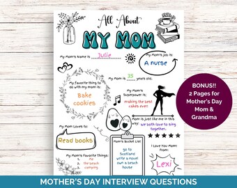 All About My Mom or Grandma Questions, Mother's Day Kids Interview Gift ...