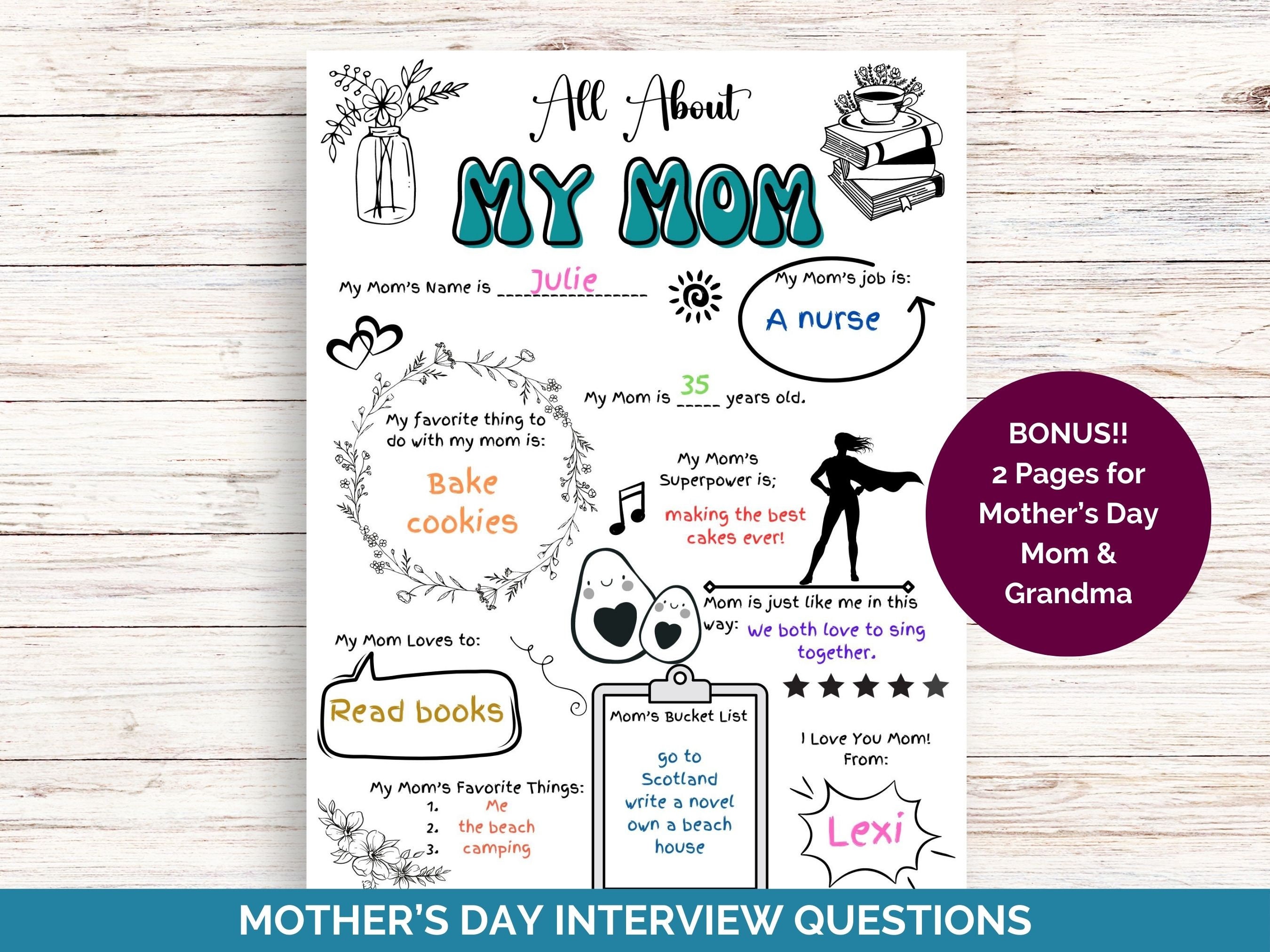 All About My Mom or Grandma Questions, Mother's Day Kids Interview ...
