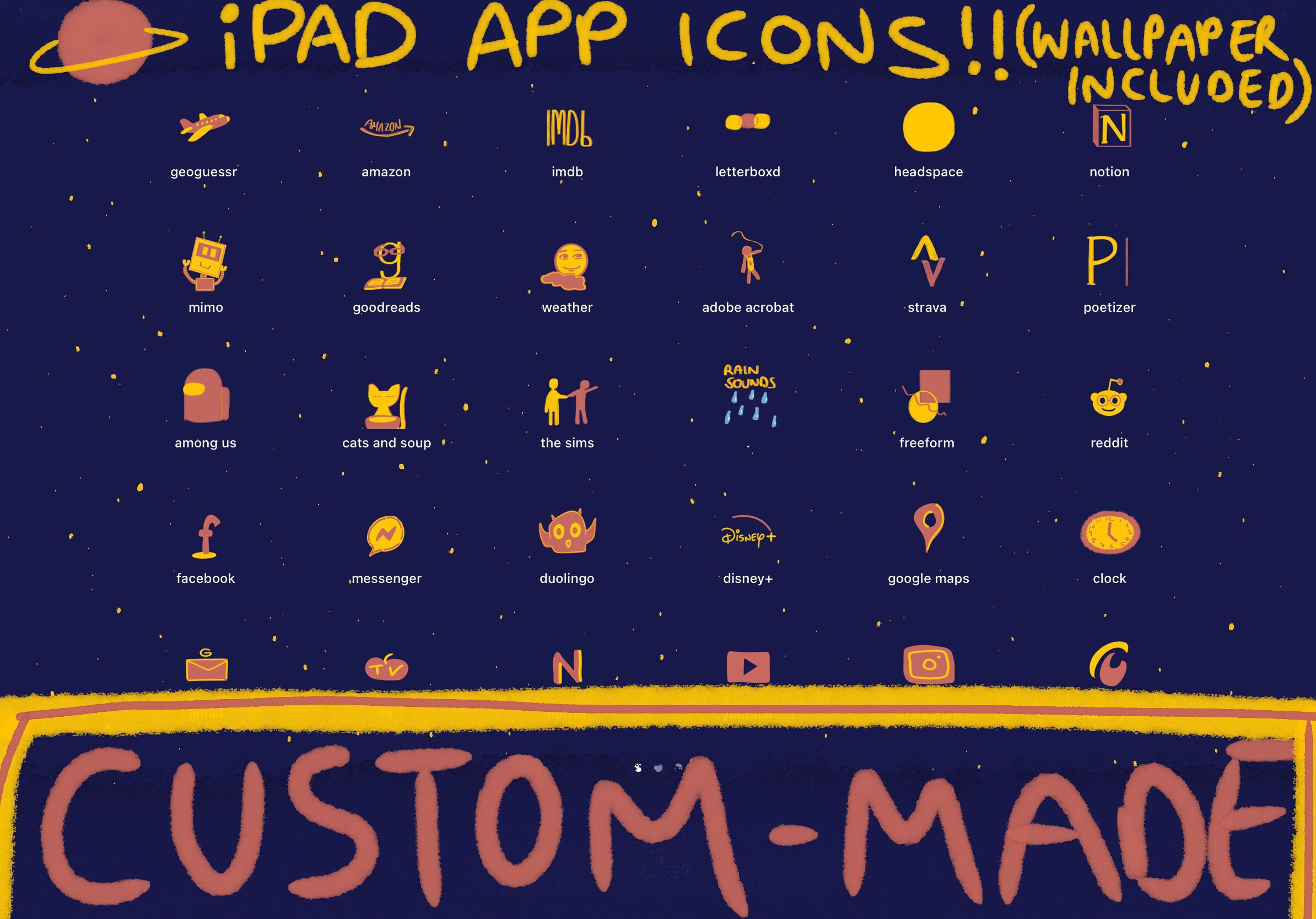 Custom Space Cartoon Themed App Icon Pack for iPad or Iphone, Cute Blue ...
