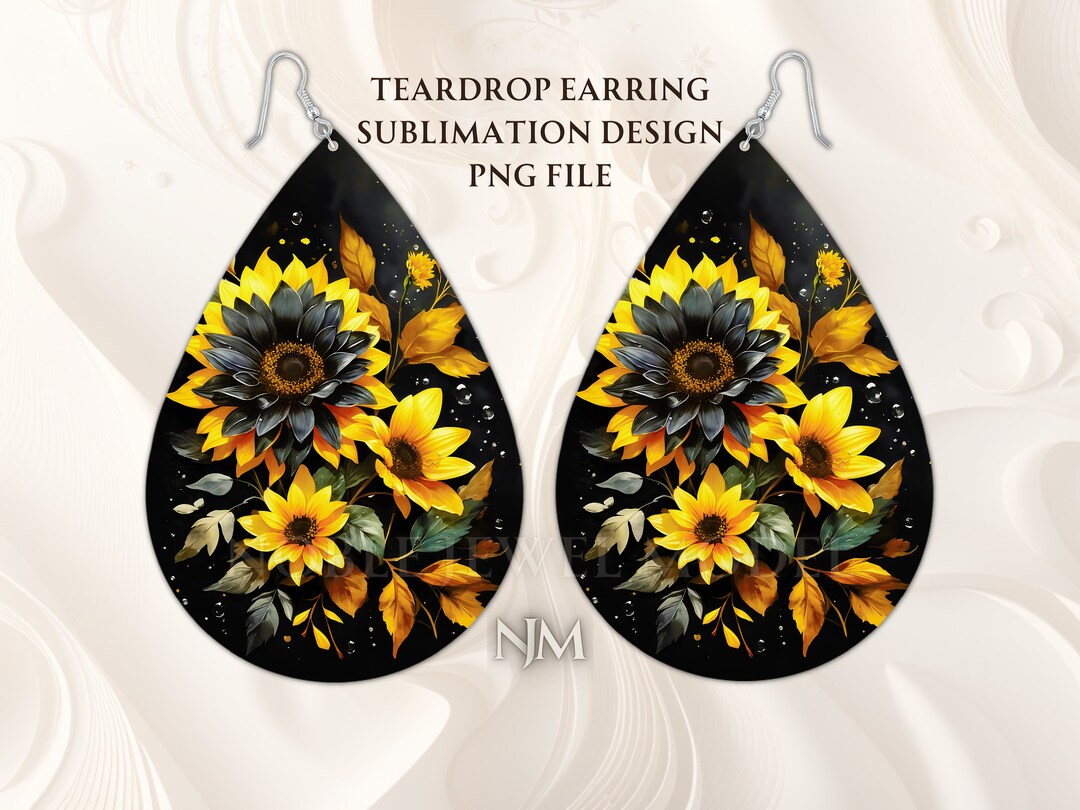 Fall Black Sunflower Teardrop Earring Png, Flower Sublimation Earrings ...