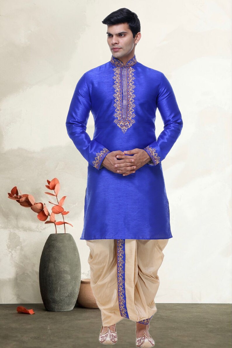 Art Silk Blue Dhoti Kurta Set Men's Ethnic Wear for Indian Weddings and ...