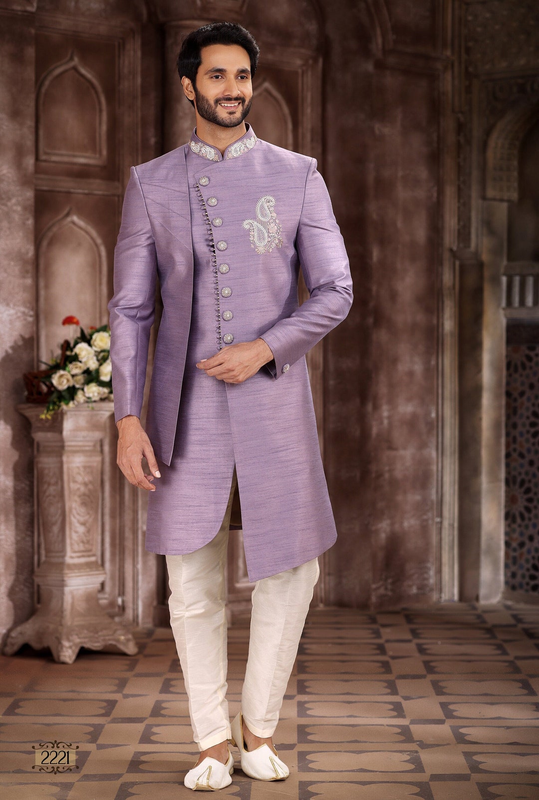 Indian Wedding Sherwani, Hand Embroidered, Art Silk Sherwani, Purple ...