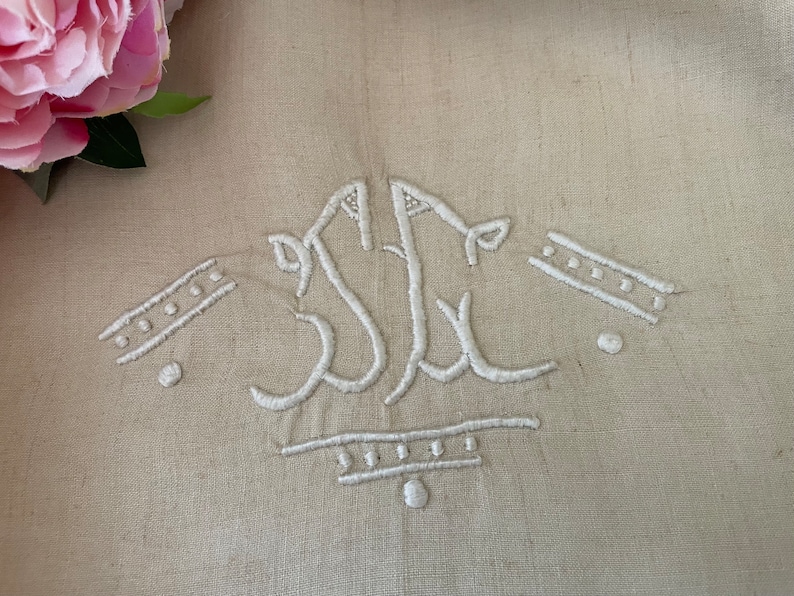 Vintage French Unused Pure Linen Sheet Monogram S L White Silk Threads ...