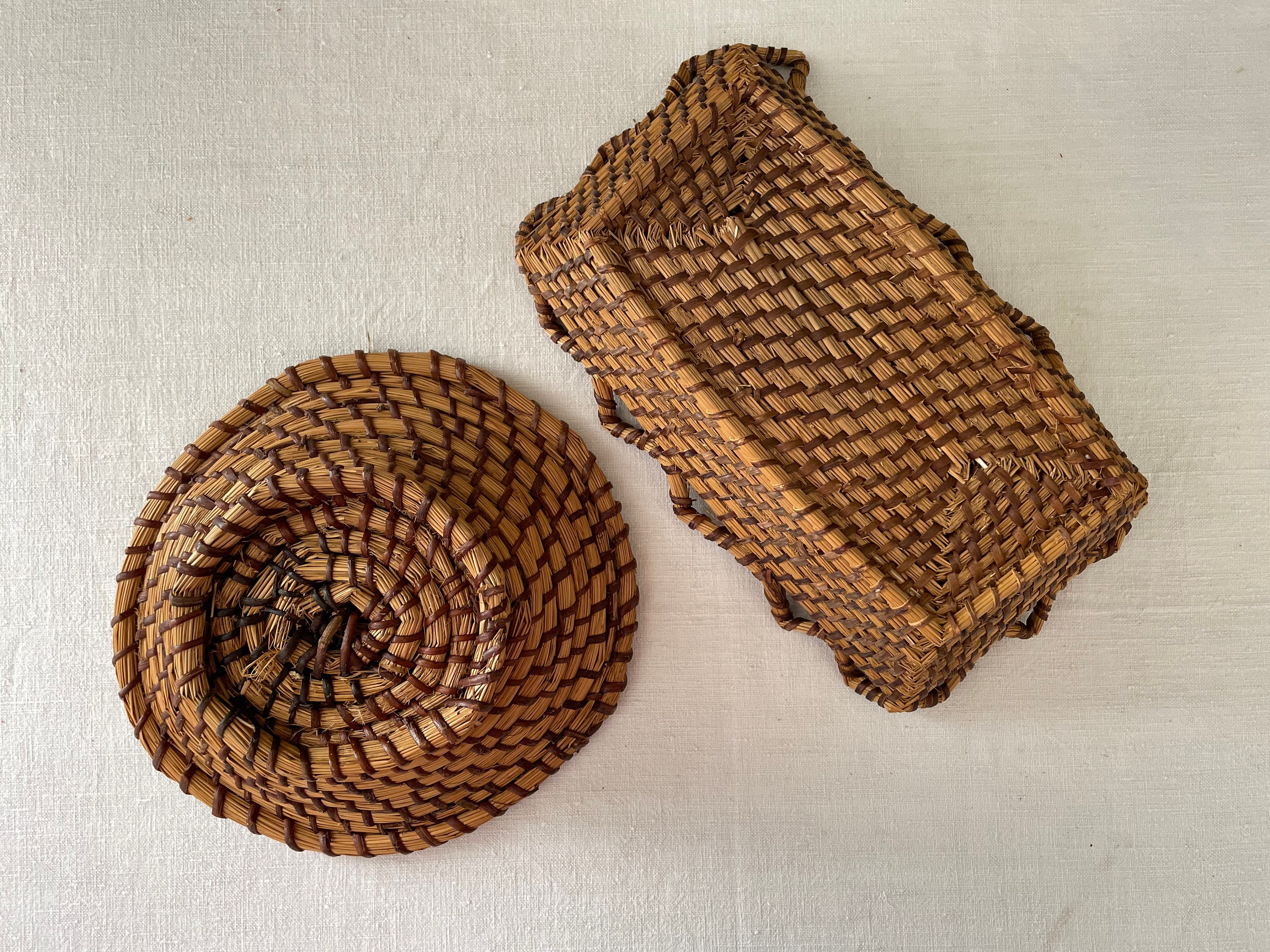 Antique French Handmade Coiled Rye Baskets 1930, Hand Woven Market ...