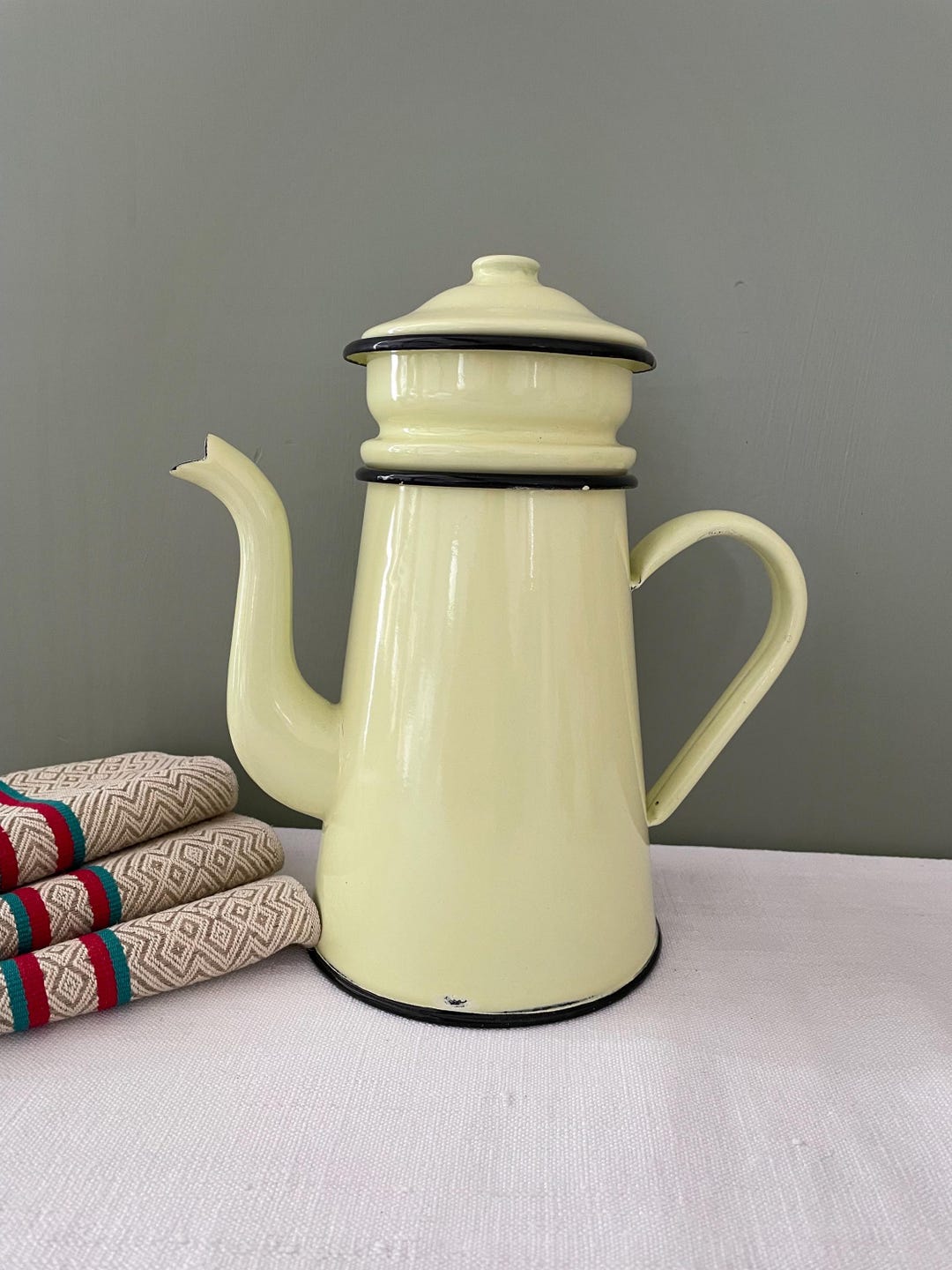 Vintage French Enamel Coffee Pot, Butter Yellow, Coffee Percolator ...