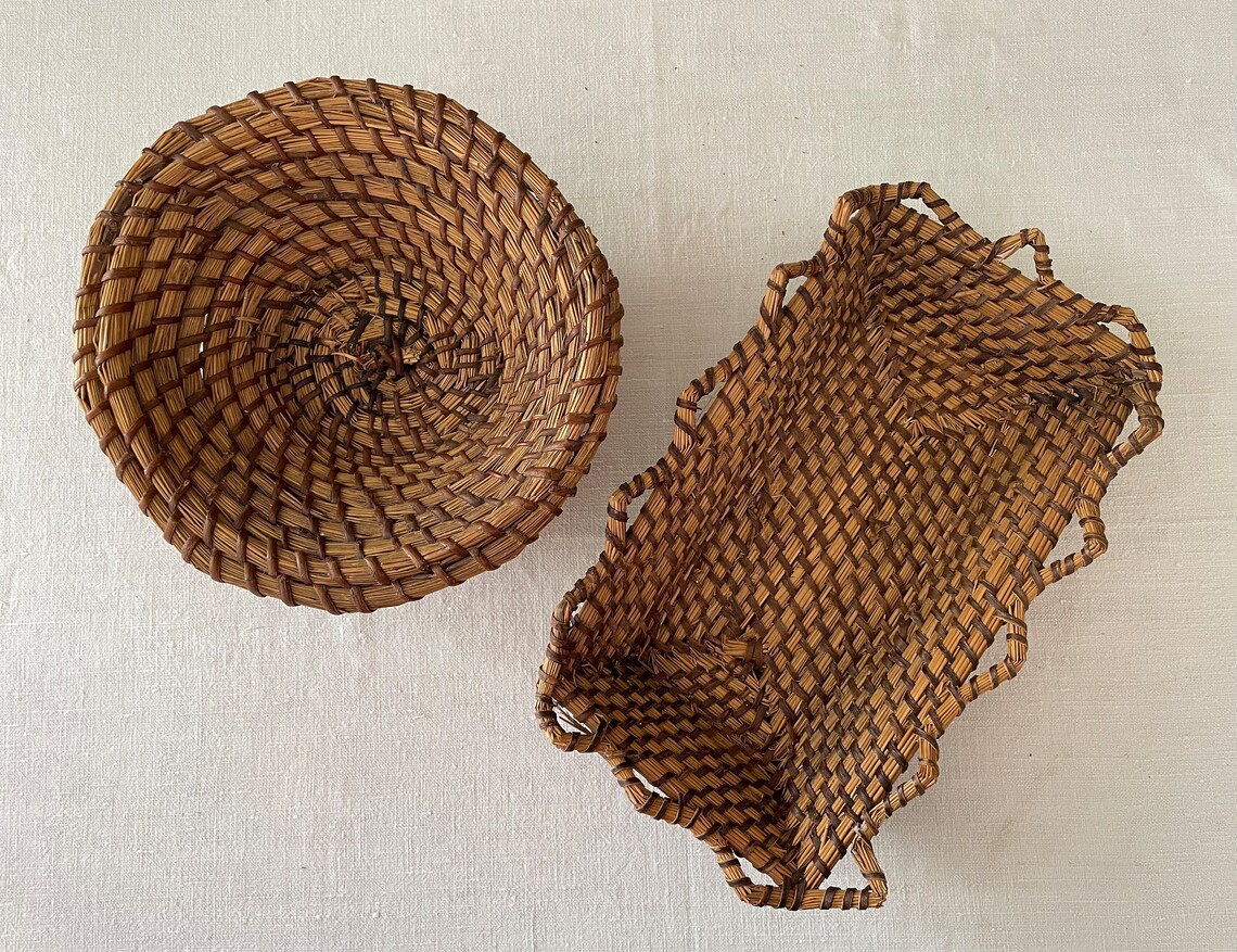 Antique French Handmade Coiled Rye Baskets 1930, Hand Woven Market ...