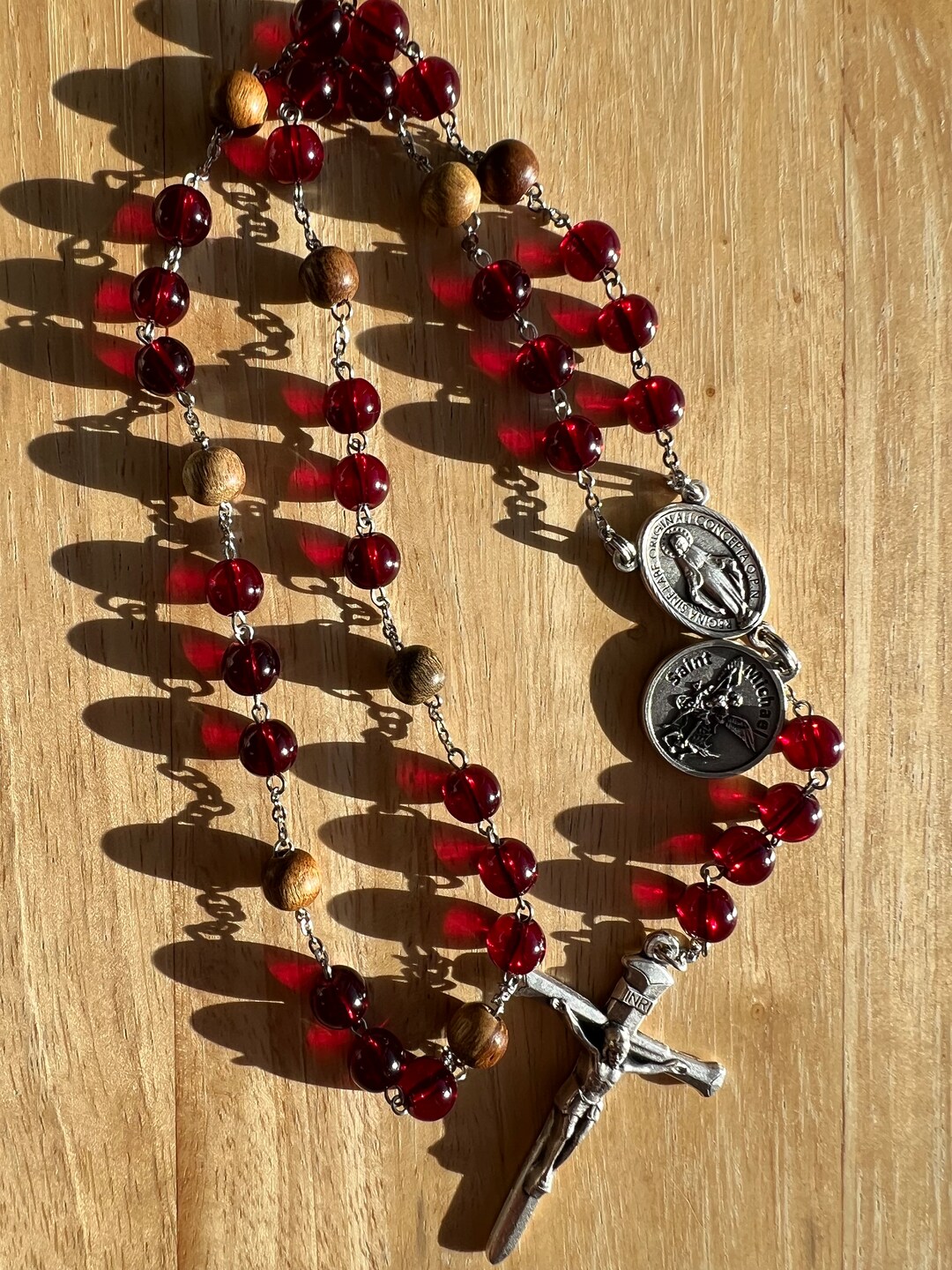 Saint Michael Chaplet Rosary Garnet Glass Beads, Walnut Wooden Our Father Beads Stunning ...