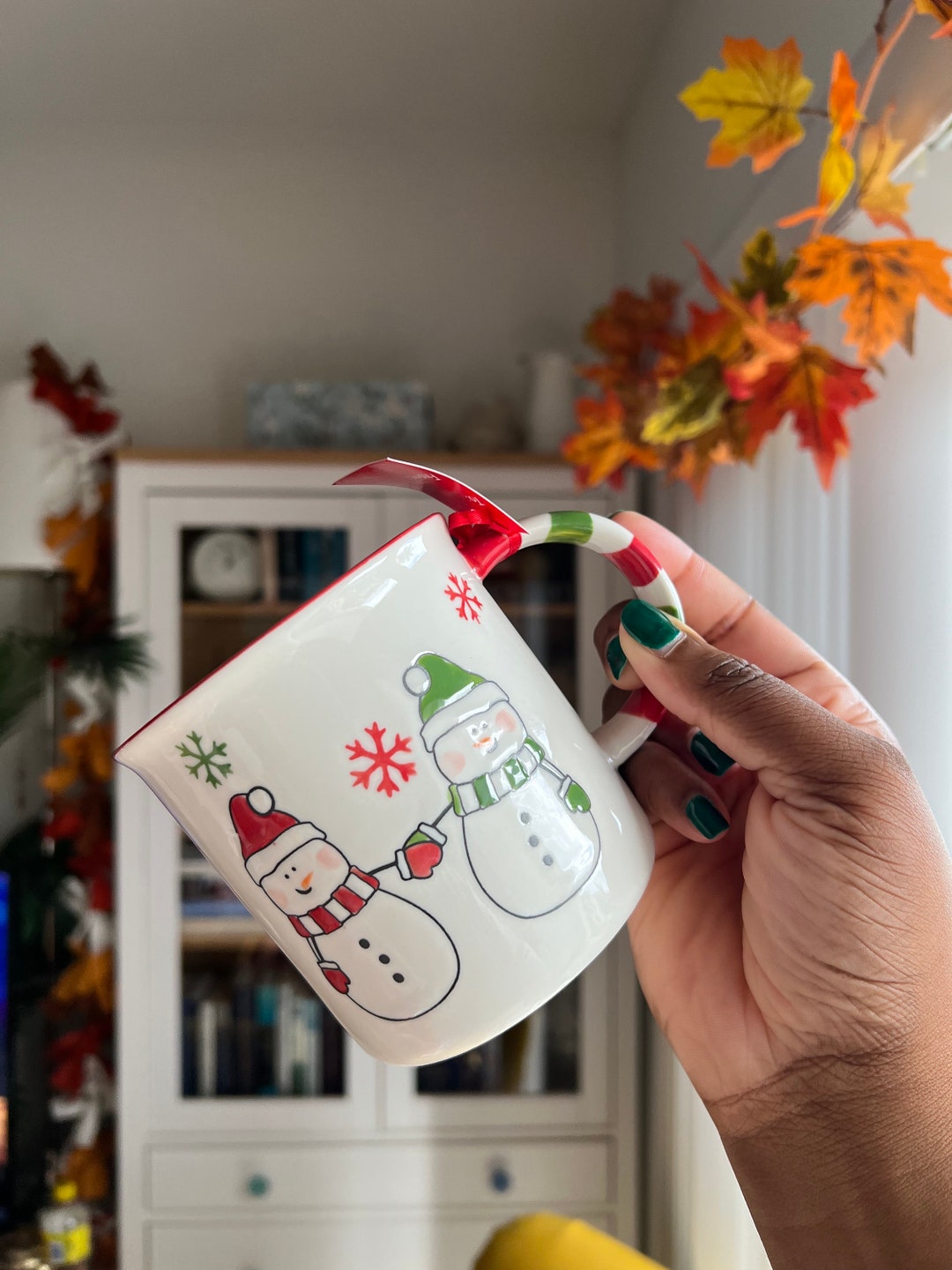 CHRISTMAS Snowmen Friends Mug CUTEST Striped Handle Red and - Etsy