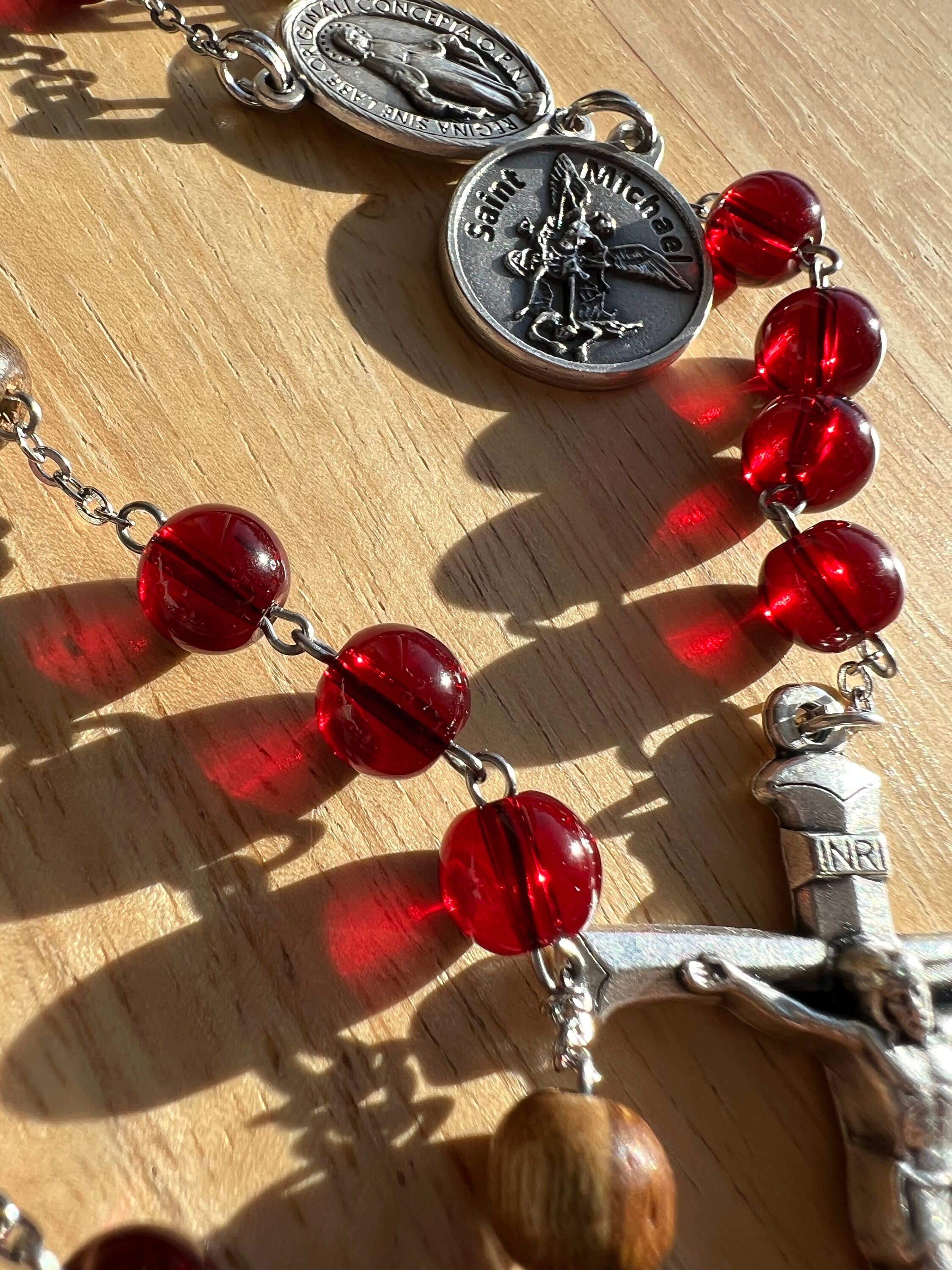 Saint Michael Chaplet Rosary Garnet Glass Beads, Walnut Wooden Our Father Beads Stunning ...