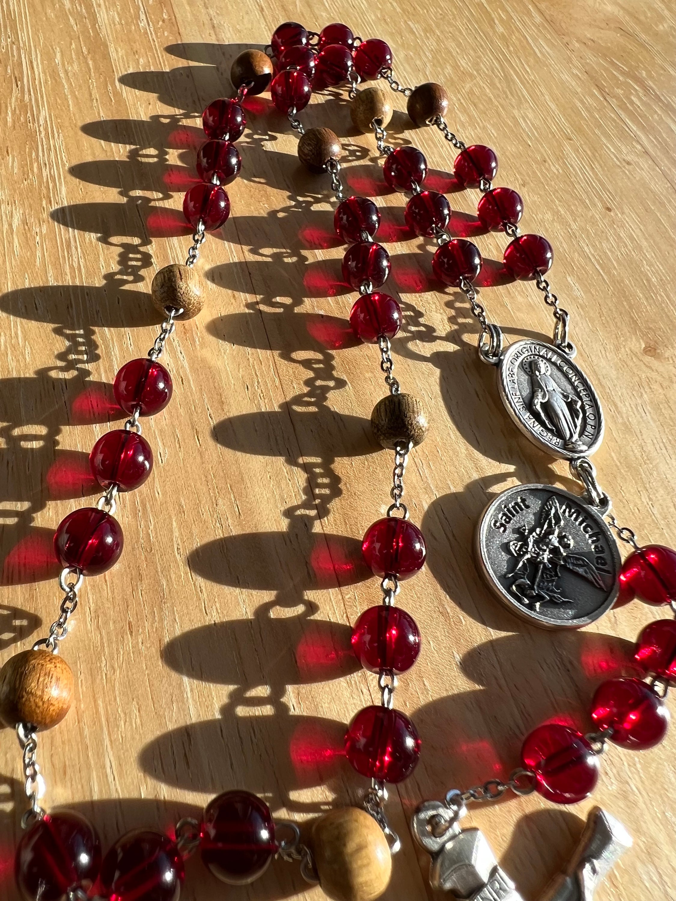 Saint Michael Chaplet Rosary Garnet Glass Beads, Walnut Wooden Our Father Beads Stunning ...