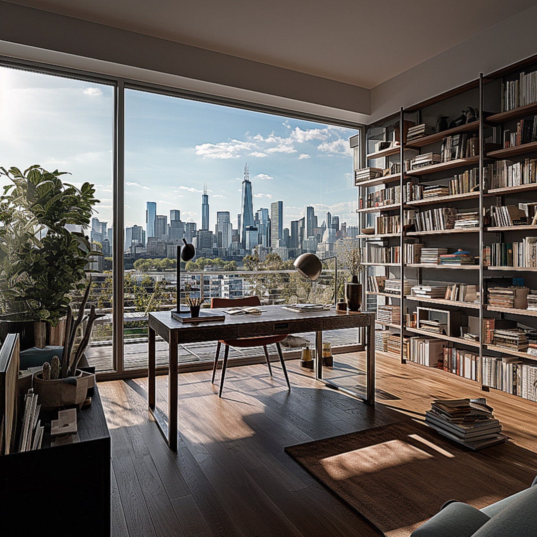 Sunlit Cityscape With Bookcase - Etsy