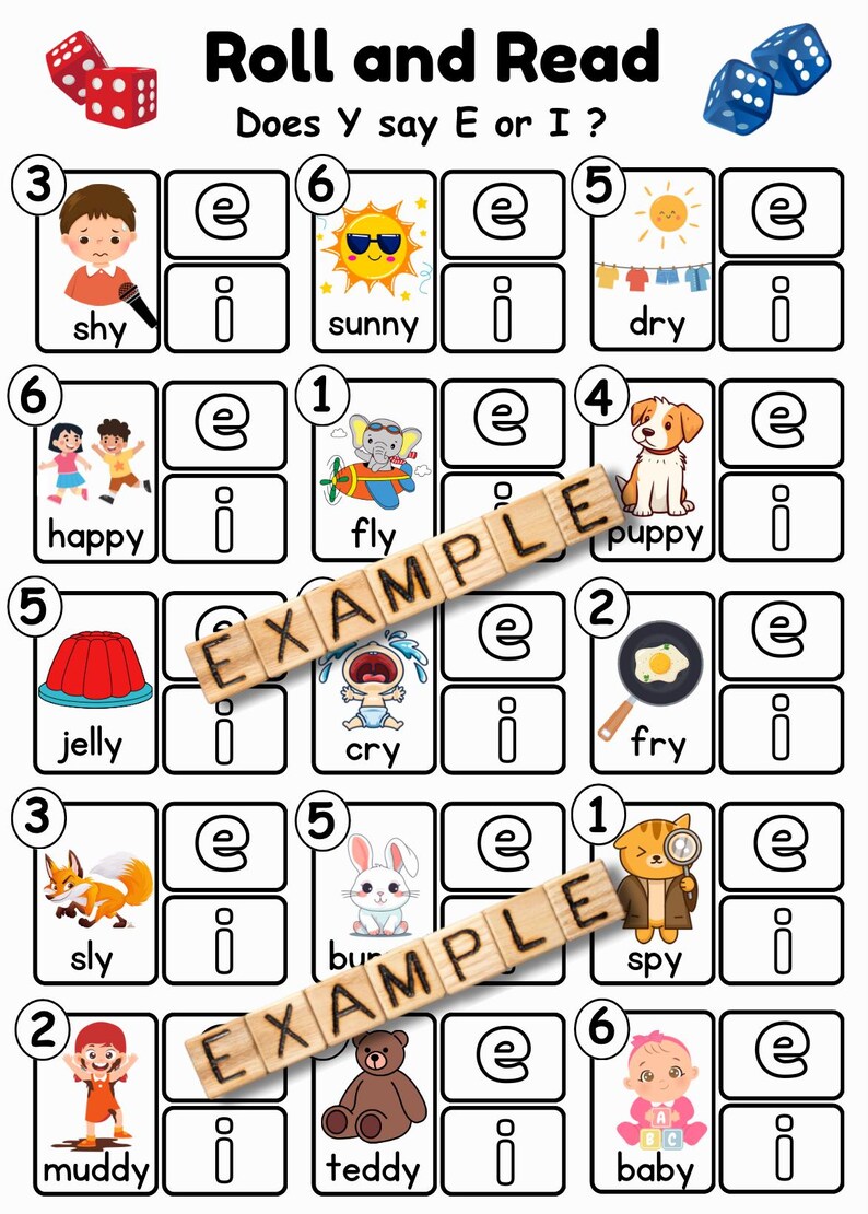 Phonics Roll and Read Game | Y Says I & E | Printable Literacy Centres ...
