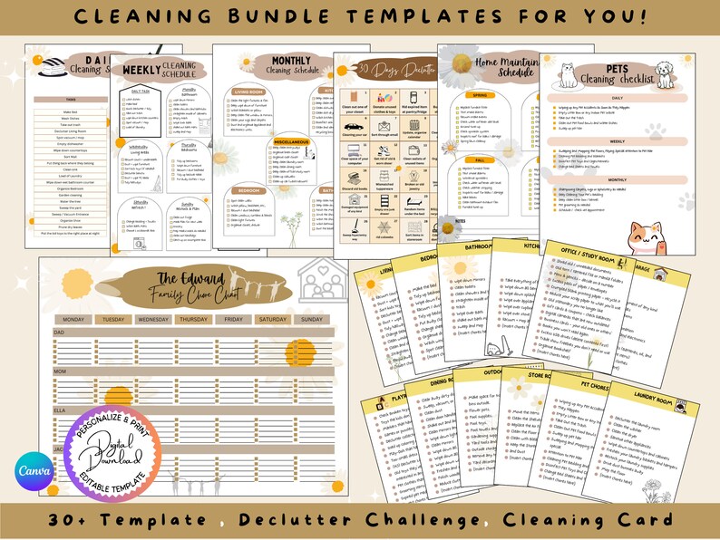 EDITABLE PRINTABLE Cleaning Schedule, Pet Schedule, Declutter Challenge ...