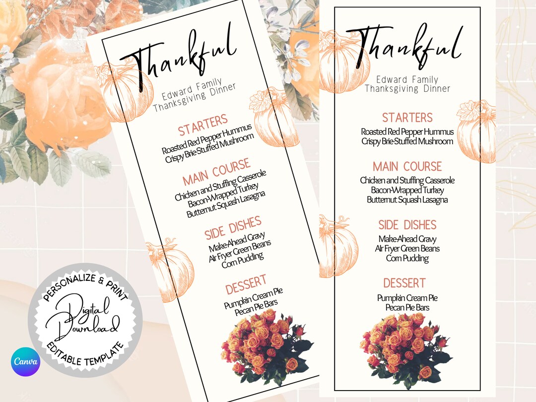 Thanksgiving Menu Template , Thanksgiving Dinner Menu Template Editable ...
