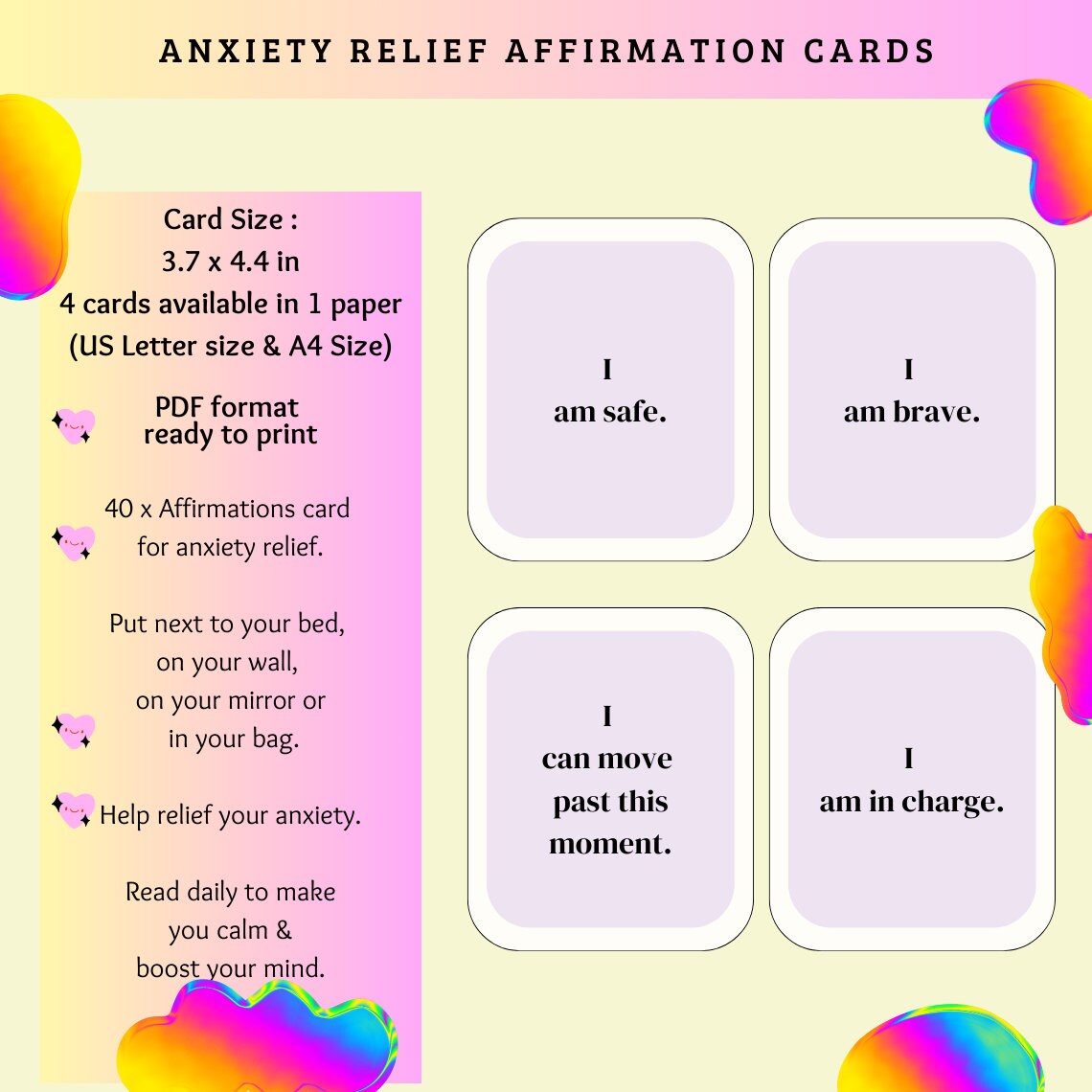 Anxiety Affirmation Cards Printable Digital, Anxiety Relief, Positive ...
