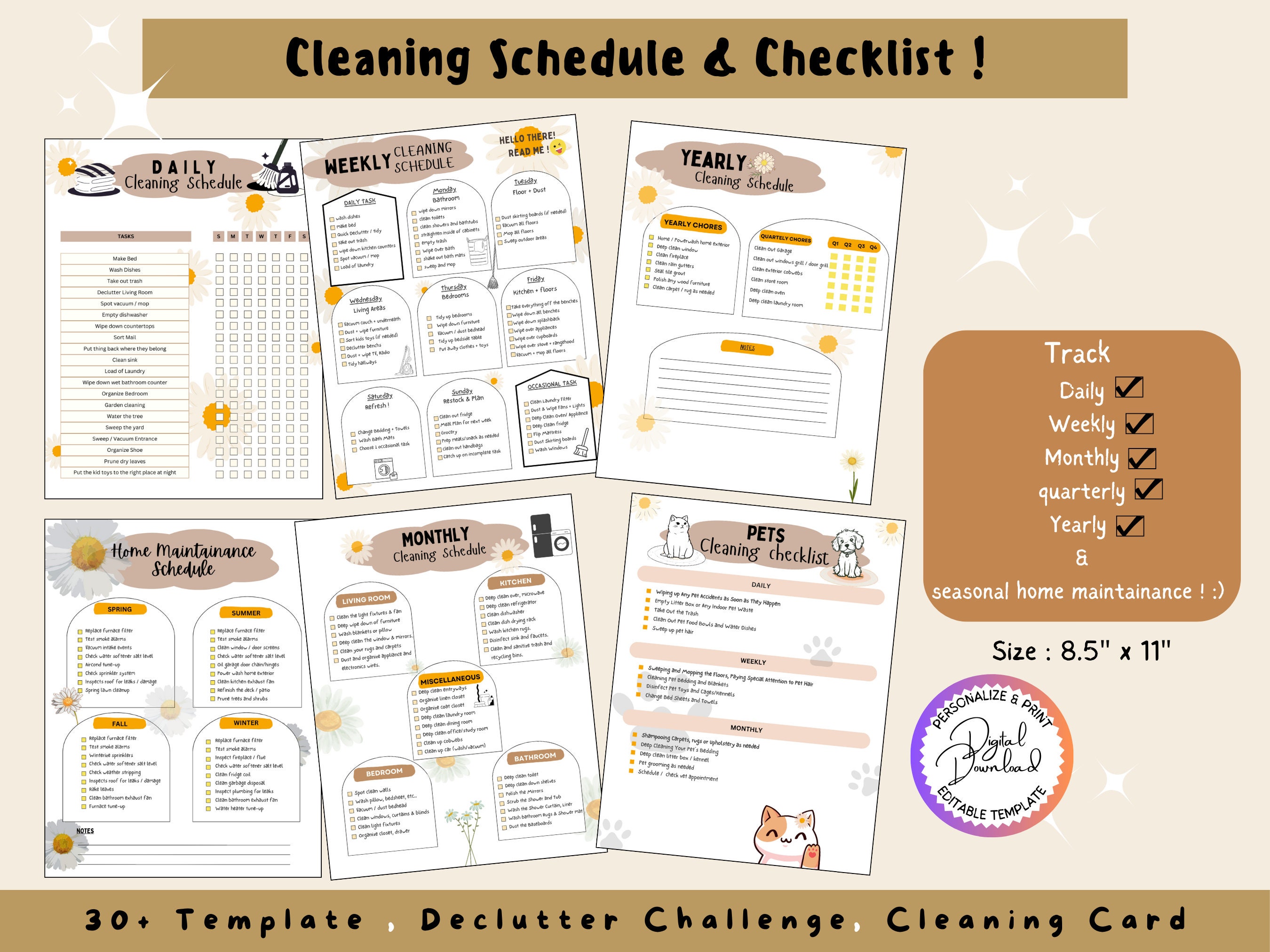Daisy Cleaning Schedule Bundle: Editable Chore Charts (digital Download ...