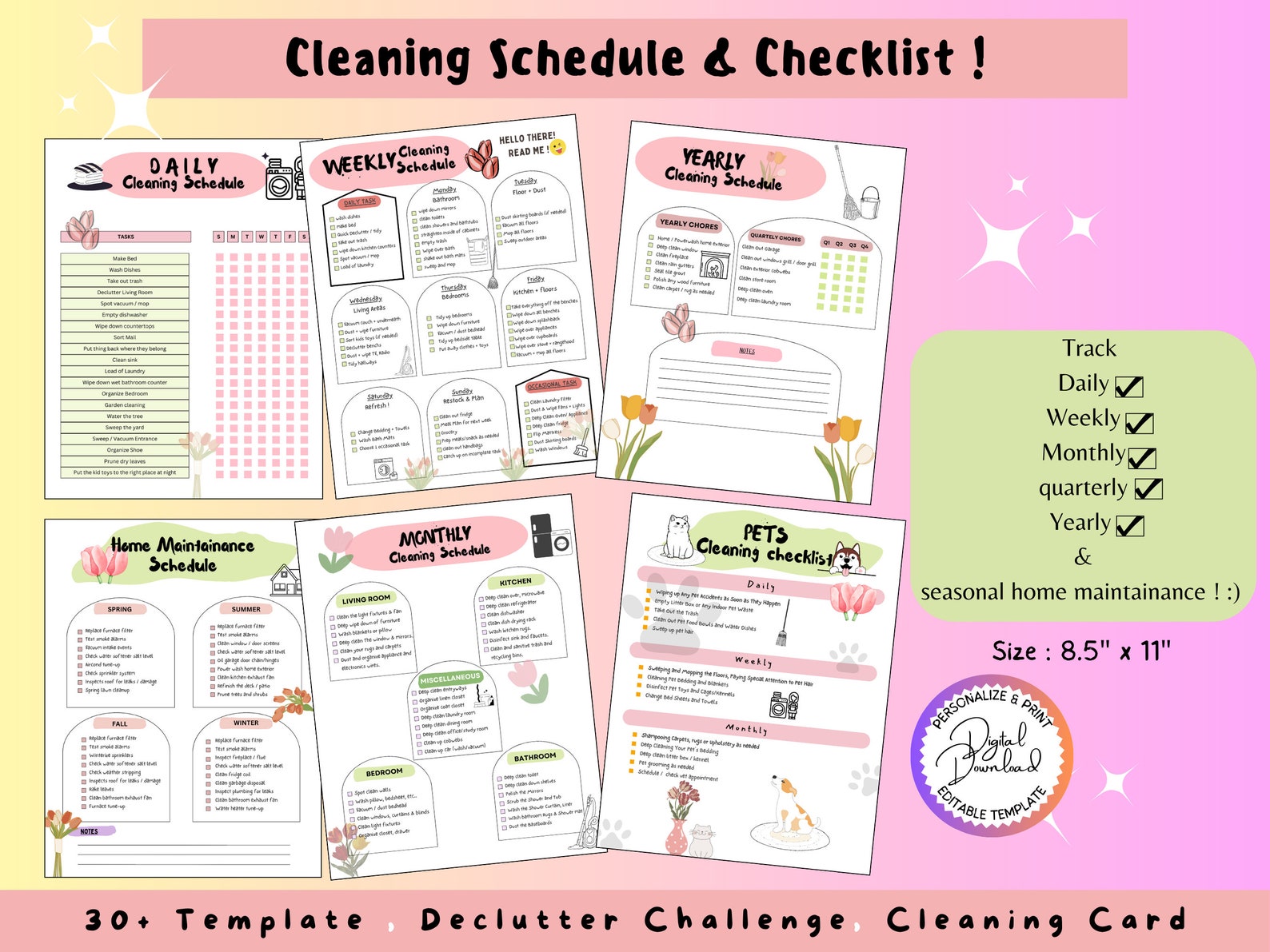 EDITABLE PRINTABLE Cleaning Schedule Pet Schedule Declutter - Etsy