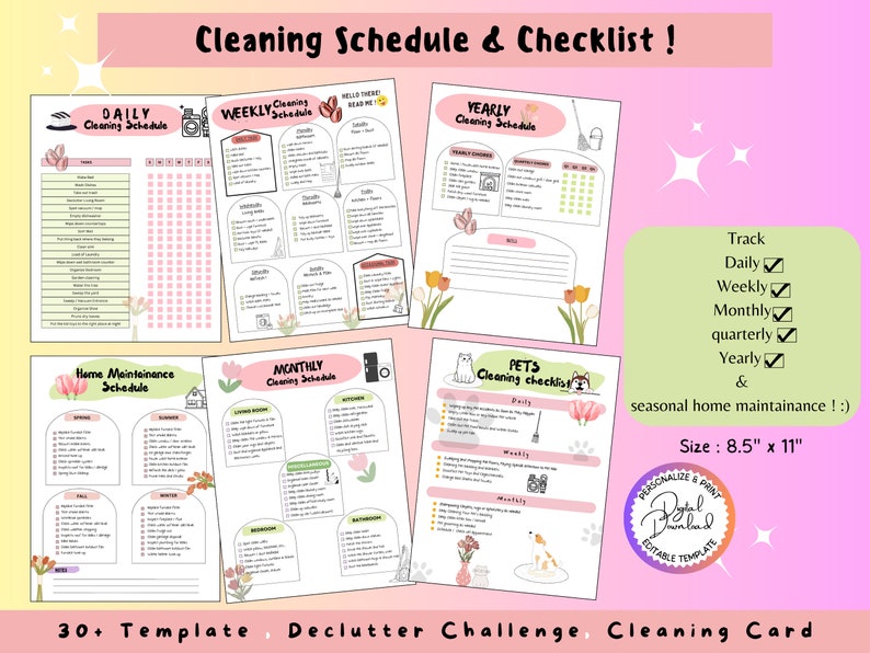 EDITABLE PRINTABLE Cleaning Schedule, Pet Schedule, Declutter Challenge ...