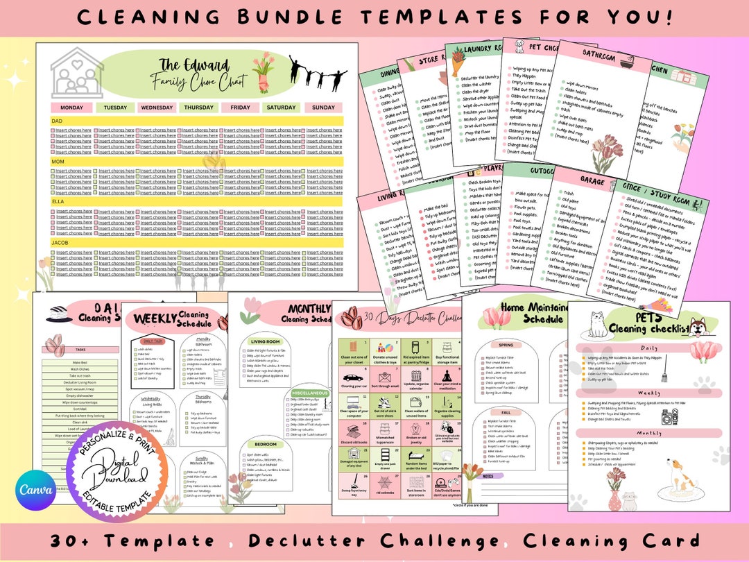 EDITABLE PRINTABLE Cleaning Schedule, Pet Schedule, Declutter Challenge ...