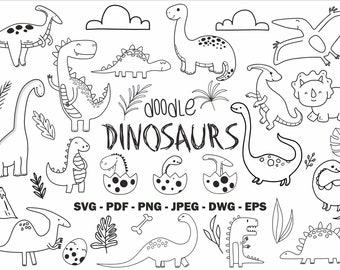 Dinosaur Svg,cute Dinosaurs, Doodle Dinosaurs, Digital Stamps, Coloring ...
