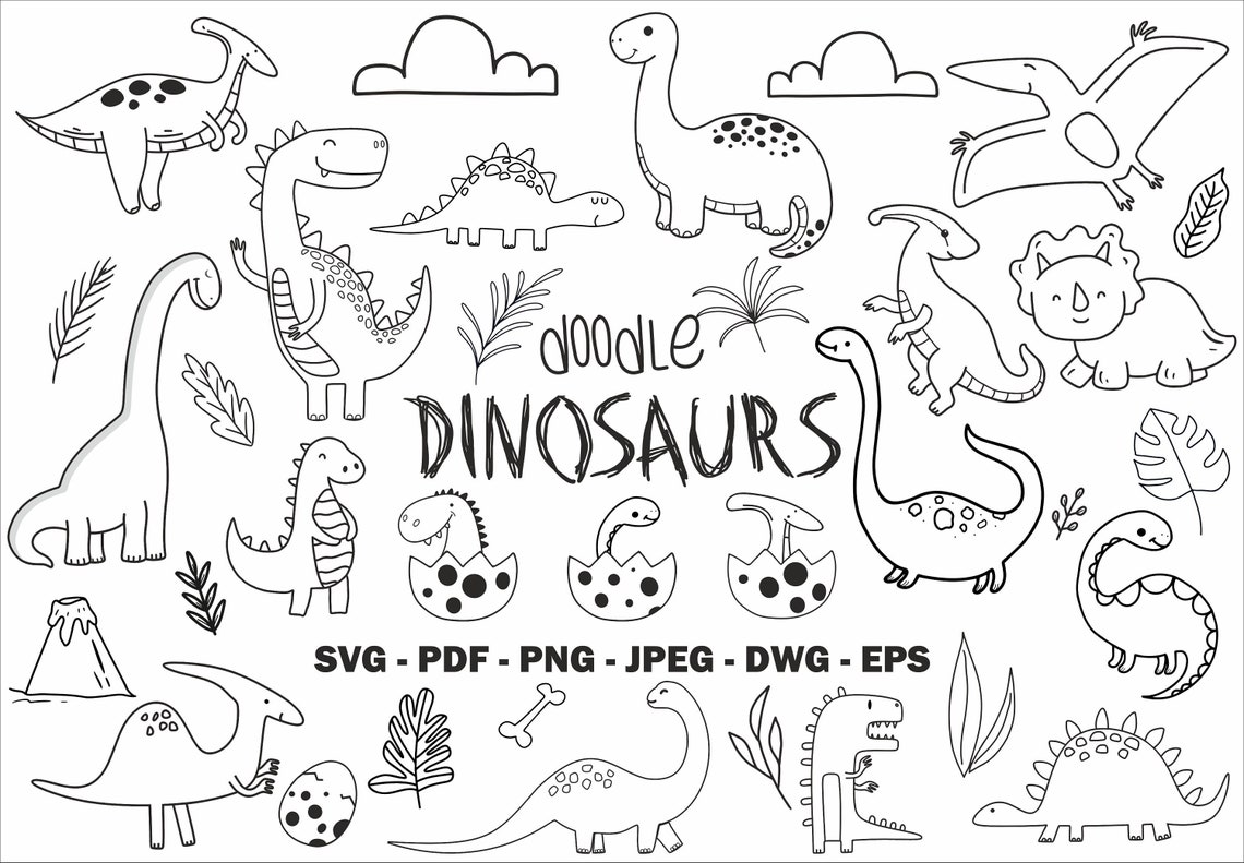 Cute Dinosaurs, Doodle Dinosaurs, Digital Stamps, Coloring Clipart ...