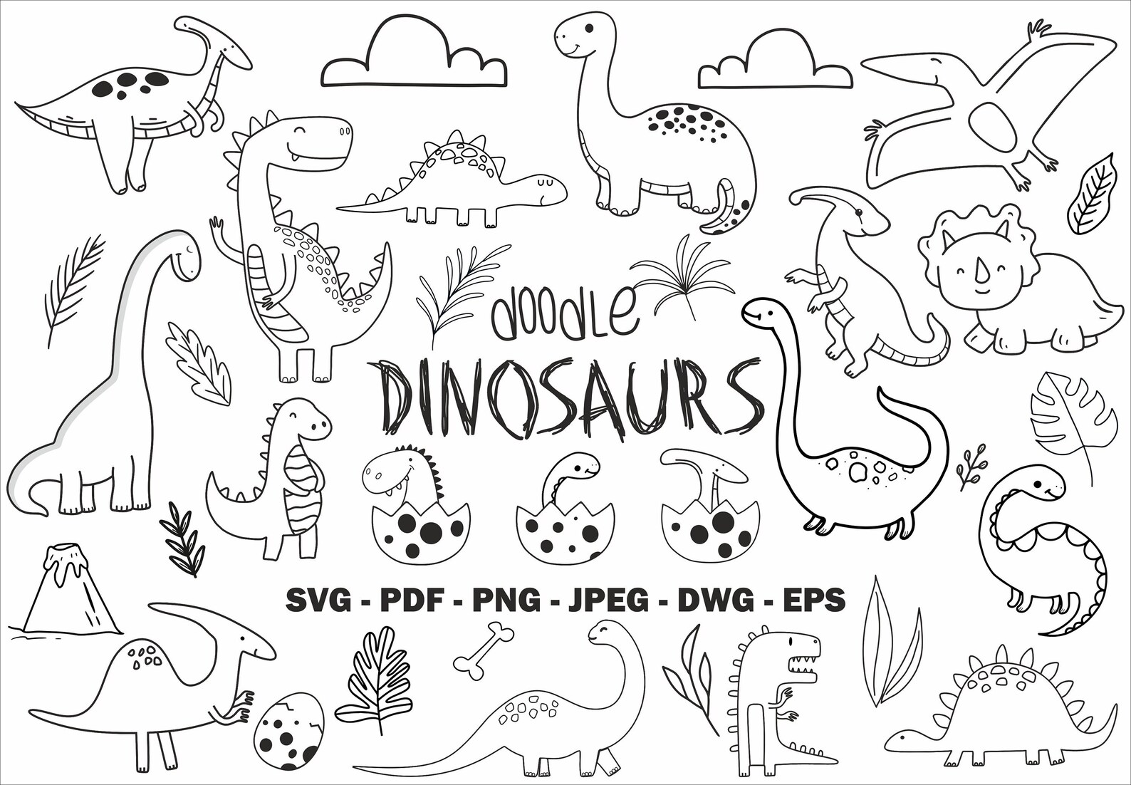 Cute Dinosaurs, Doodle Dinosaurs, Digital Stamps, Coloring Clipart ...
