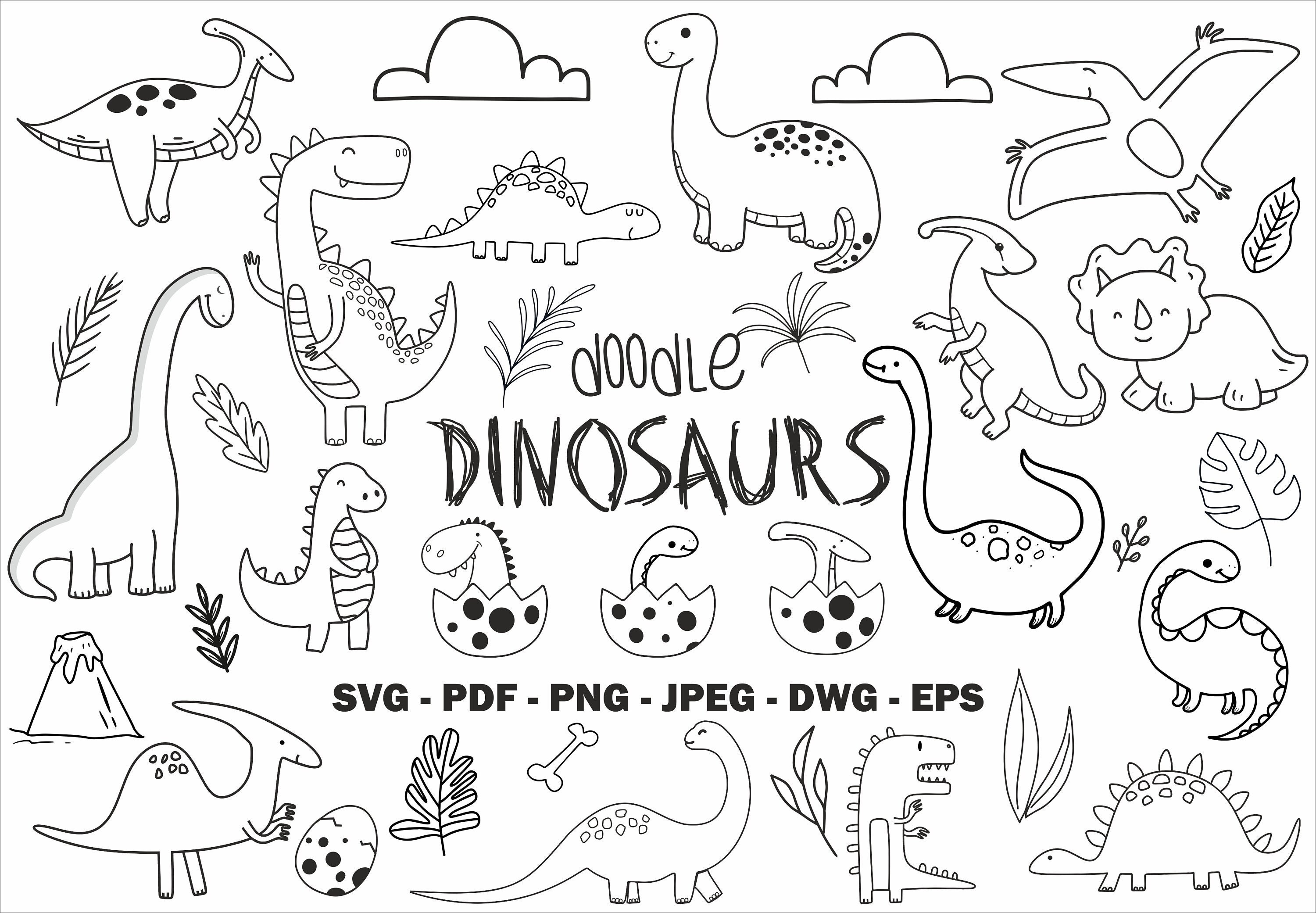 Cute Dinosaurs, Doodle Dinosaurs, Digital Stamps, Coloring Clipart ...