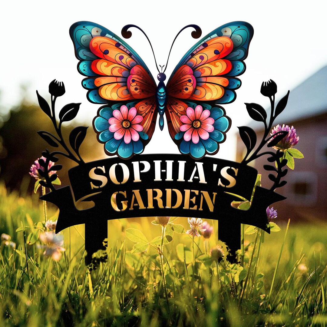 Custom Floral Butterfly Garden Sign, Personalized Name Garden Stake ...