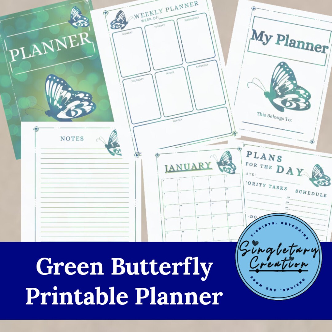 Green Butterfly Undated Printable Planner | Monthly, Weekly & Daily ...