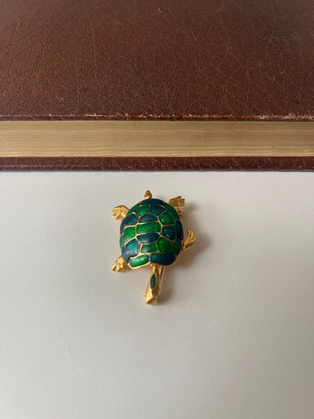 Vintage Gold Tone Enamel Turtle Brooch – Green & Blue Cloisonné Style ...