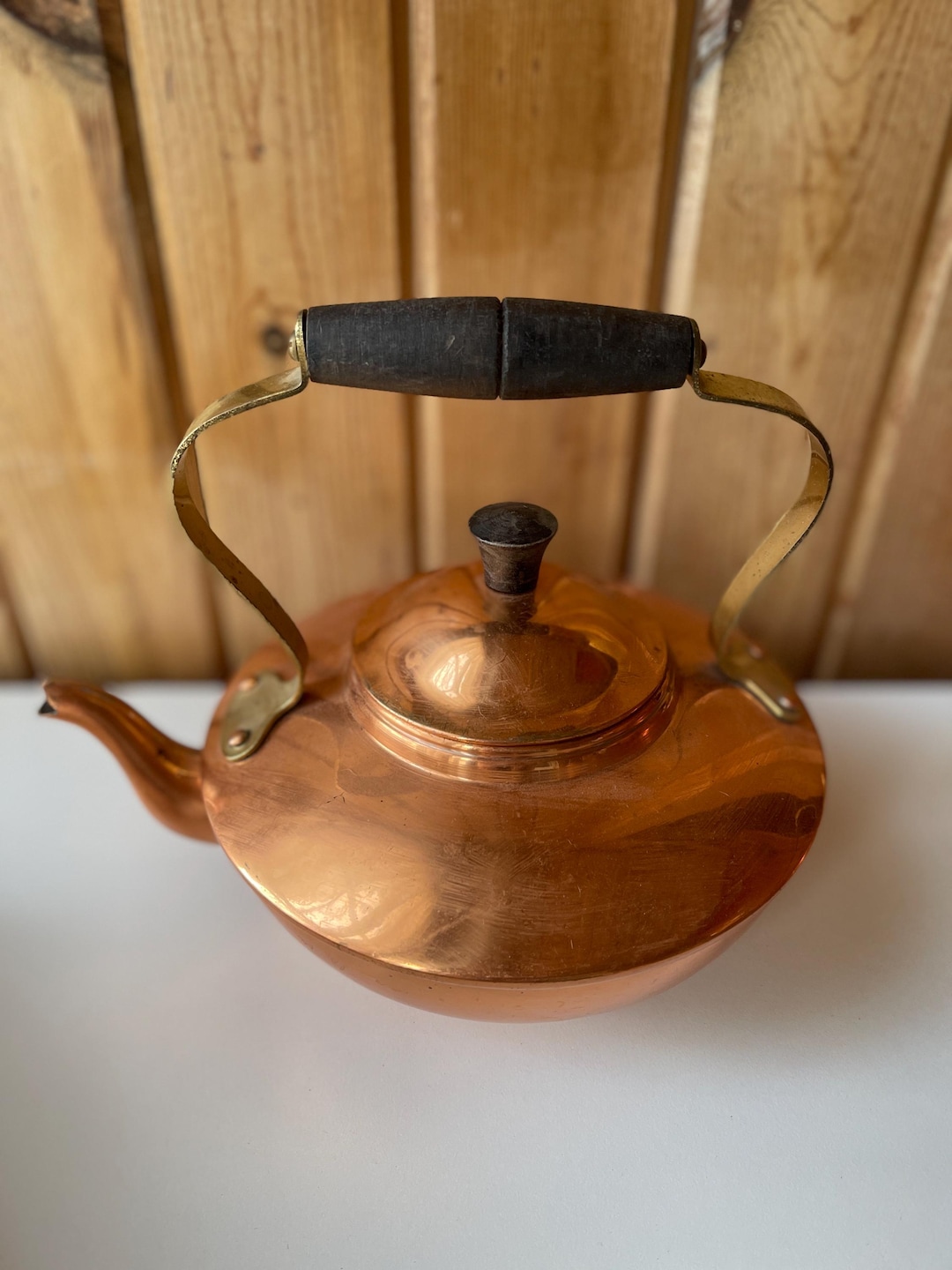 Vintage Copper/wood Tea Kettle - Etsy