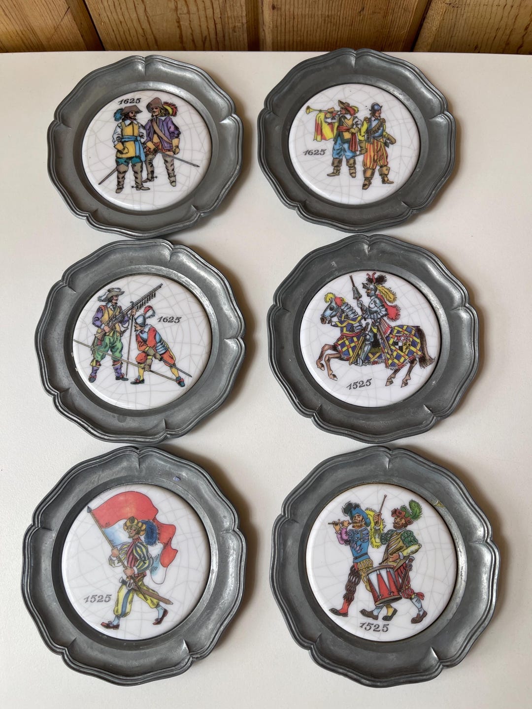 Vintage Pewter & Ceramic Wall Plates | Set of 6 Historical Figurines ...
