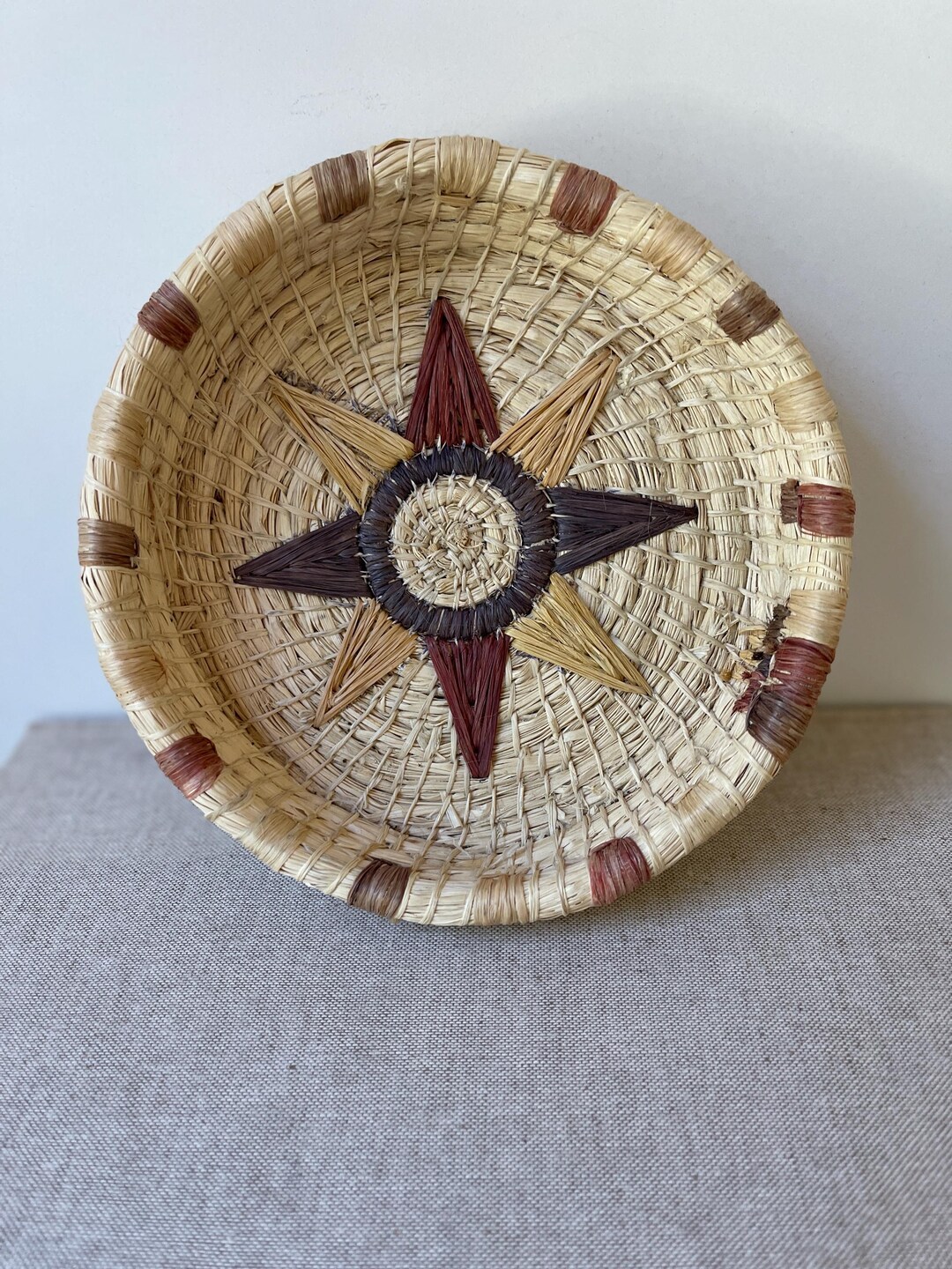 Handwoven Raffia & Fabric Basket With Star Design – Boho Rustic Wall ...