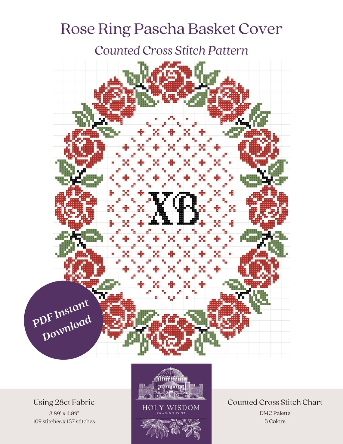 Digital PDF Rose Ring Counted Cross Stitch Pattern for Pascha Basket ...