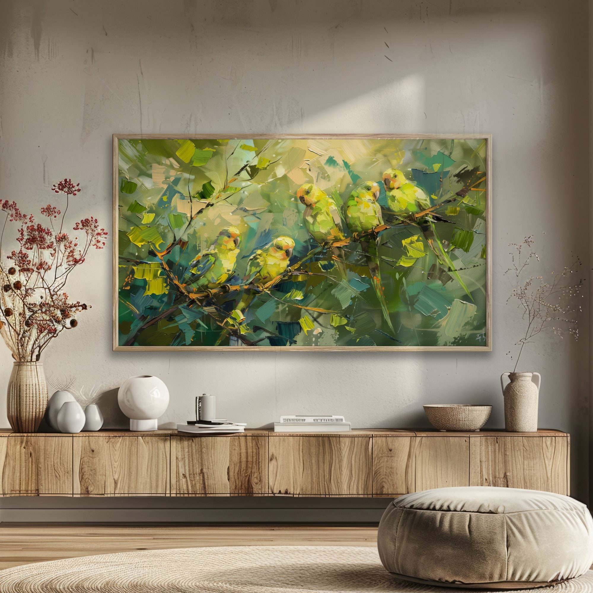 Digital Painting Parakeets on Branch, Vibrant Frame TV Art, Nature Bird ...